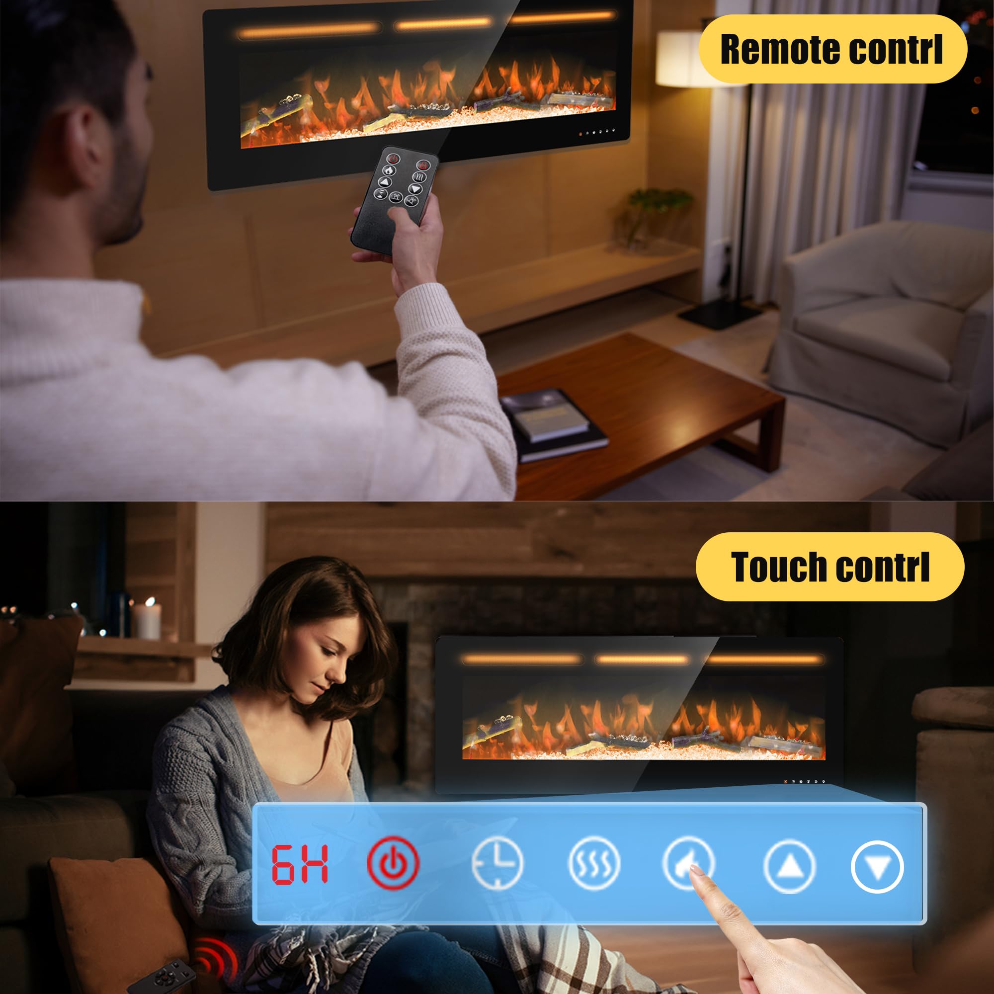 Electric Fireplace Heater, 50 Inch Wall Mounted & 3.9 Inch Ultra Thin Fireplace Insert, Timable Remote Control, Touch Screen, Child Lock, 32 Color Combinations, Black