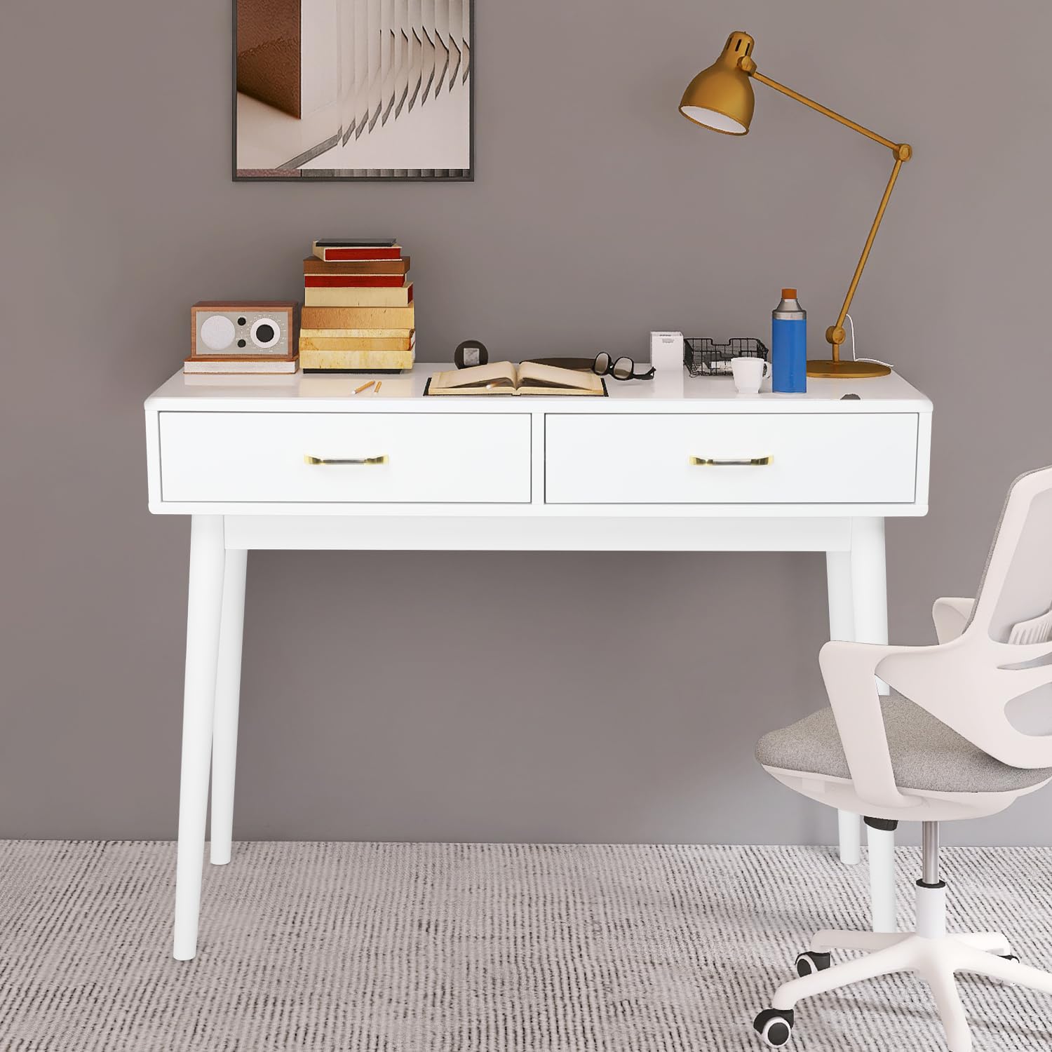 Rotihom Small White Desk with 2 Drawers, Modern Writing Desk for Small Spaces, Home Office Desk for Study, Laptop Computer Desk for Work, Makeup Vanity Table for Bedroom (White)