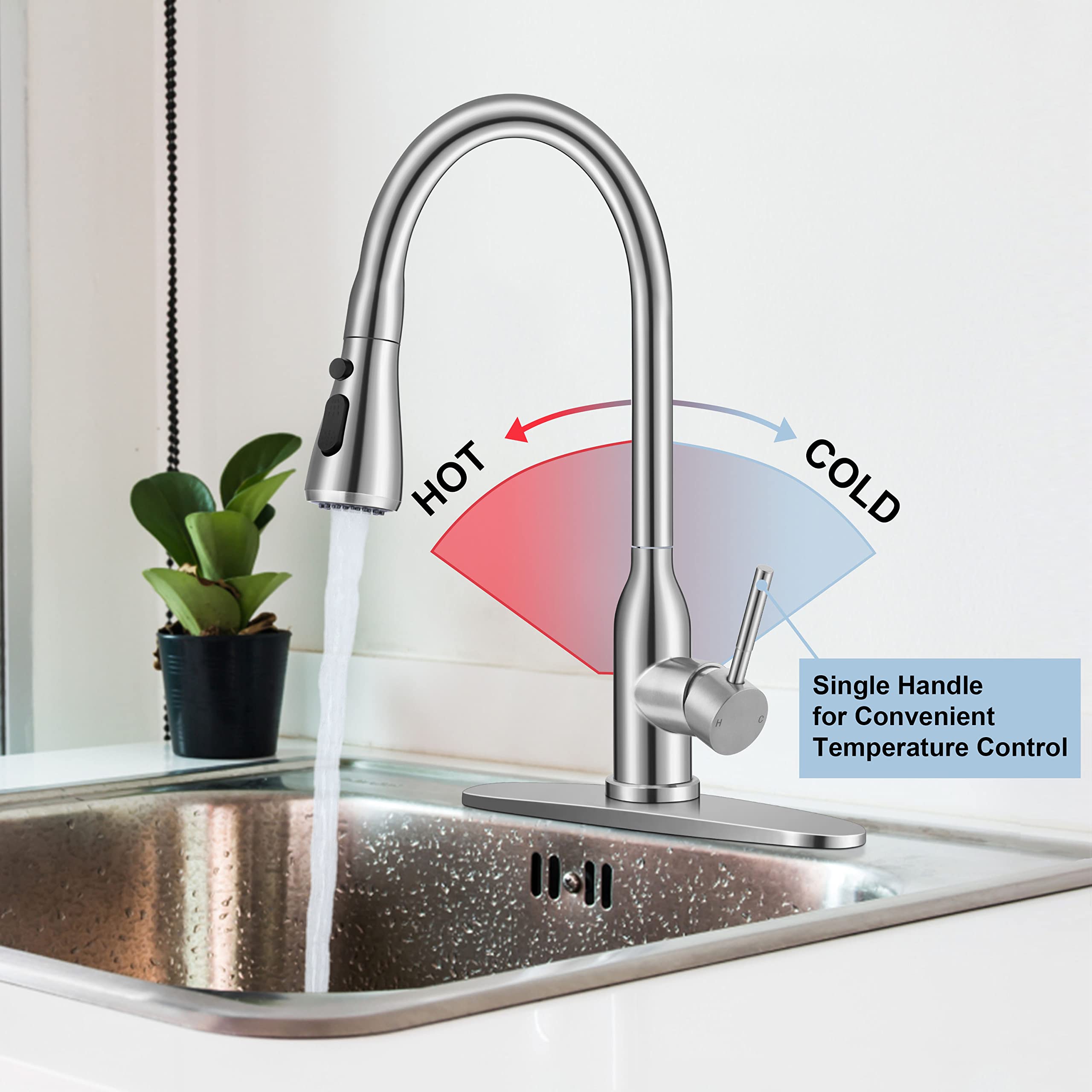 Homikit Kitchen Sink Faucet Brushed Nickel with Pull Down Sprayer, 304 Stainless Steel Kitchen Faucets with Deck Plate for 1 or 3 Hole, High Arc Commercial Faucet for Farmhouse Laundry Utility Rv Bar