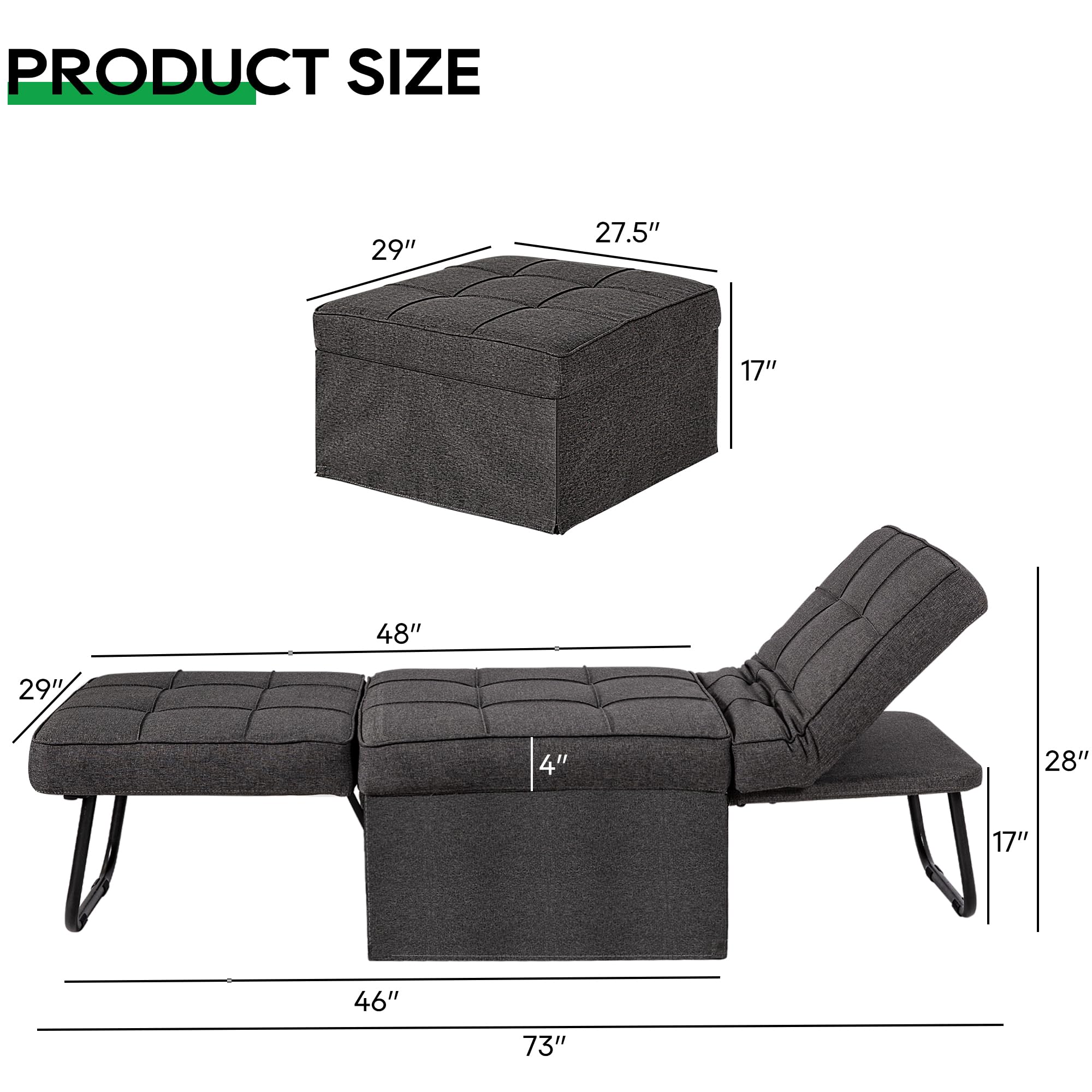 PORWEY Sleeper Chair Bed, 4-in-1 Convertible Futon Ottoman Bed Sleeper, Foldable Sofa Couch with Adjustable Backrest for Guest Room/Office Living Room, No Assembly Required, 29β Width,Gray