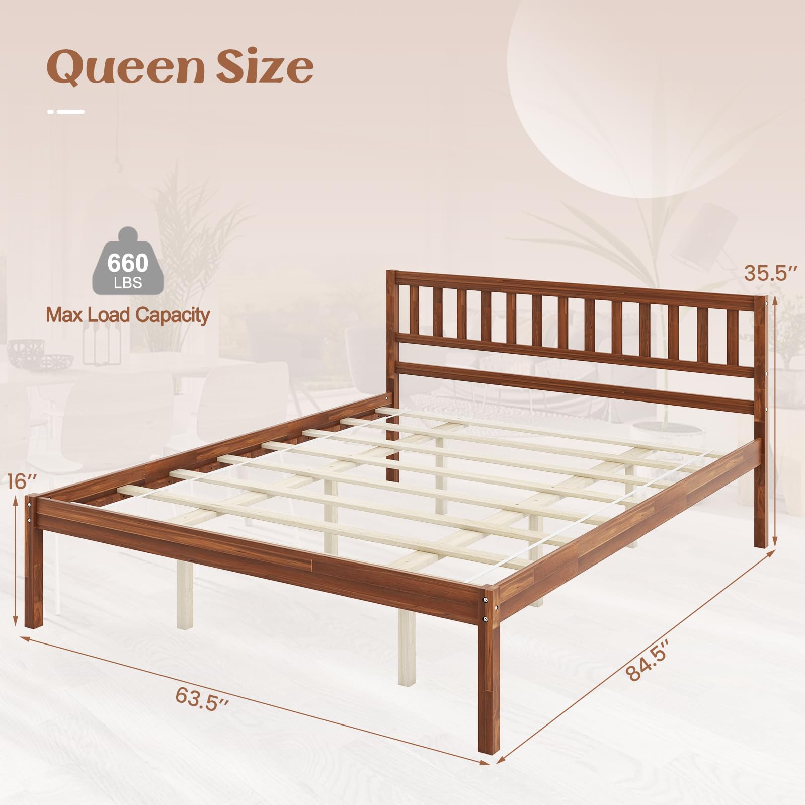 KOMFOTT Queen Size Wood Platform Bed Frame with Headboard, 16-Inch Mid-Century Wooden Bed Frame with Slats Support & 12β Under Bed Storage Space, Retro Mattress Foundation, No Box Spring Needed