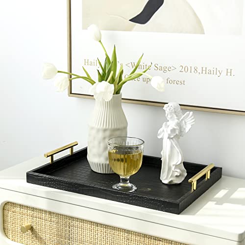 MACVAD Set of 2 Modern Elegant Large Wood Serving Tray, Black Crocodile Leather with Gold Polished Metal Handles, Rectangle Decorative Tray for Ottoman Coffee Table Living Room