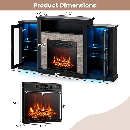 Tangkula Electric Fireplace TV Stand, Electric Fireplace Mantel with 16-Color Led Lights, Adjustable Glass Shelves, Remote & Smart APP Control, TV Console for Living Room (Black)
