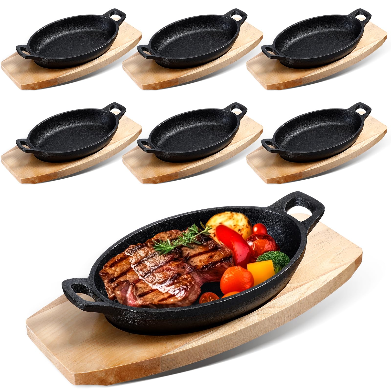 Mifoci 6 Sets Mini Cast Iron Skillets,oval Fajita Plates with Wooden Base Dish Tray Serving Sizzling Plate for Baking Roasting Cooking Grilling Appetizer (8.5x6.1x1.7 In)
