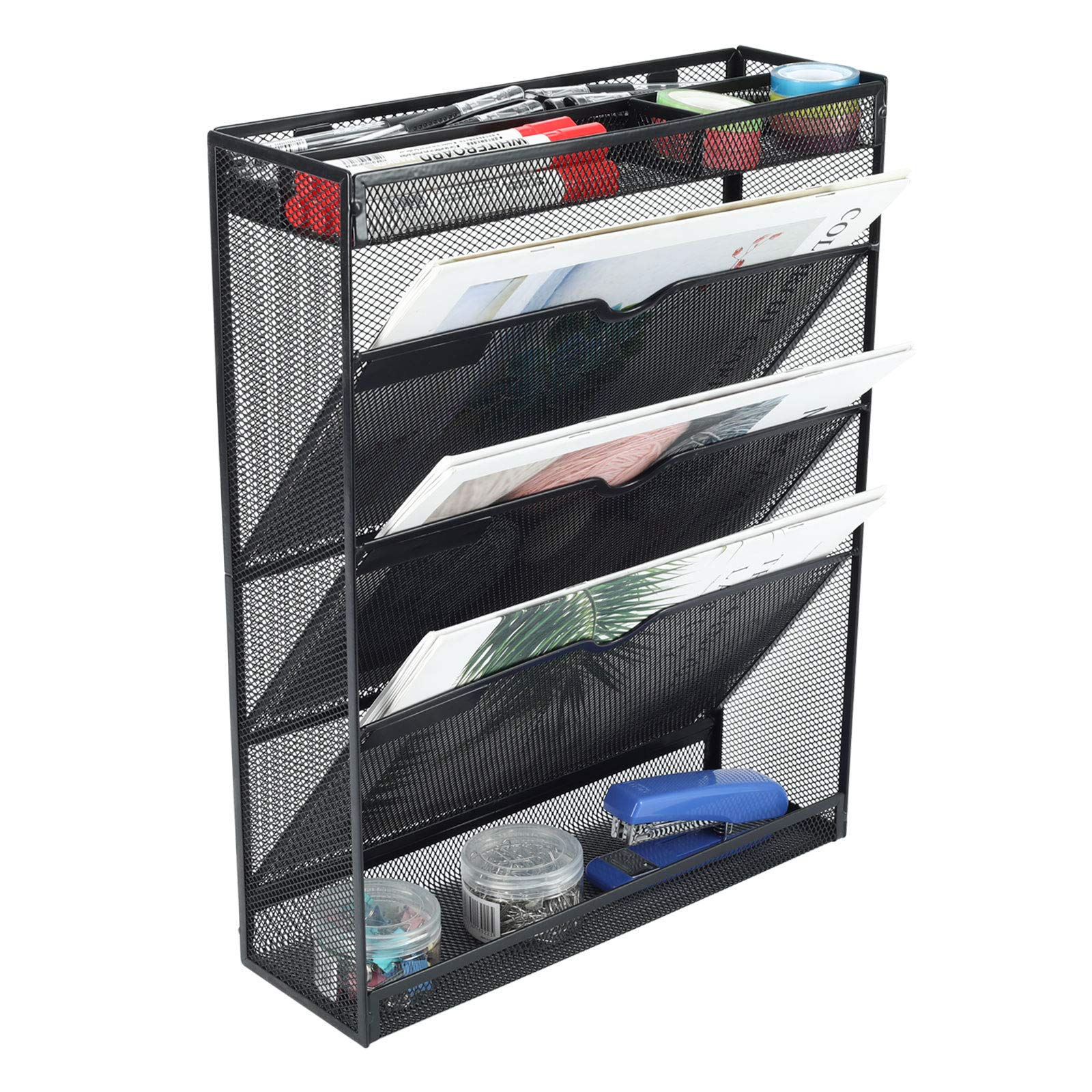 EasyPAG Desk File Organizer Mesh 5-Tier Hanging Wall Mount File Holder Desktop Vertical Mail Paper Folder Holder Stand Rack with Bottom Tray and Accessories Organizer for Office Home,Black