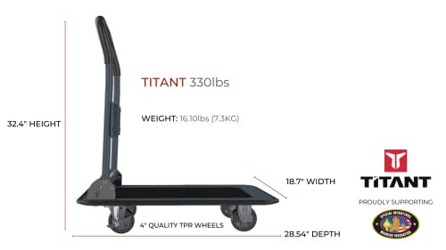 TITANT Push Cart Dolly - Foldable Cart with Wheels (330 lbs Weight Capacity) Dolly Cart with 360° Swivel Braked Wheels - Foldable Platform Hand Truck for Easy Storage