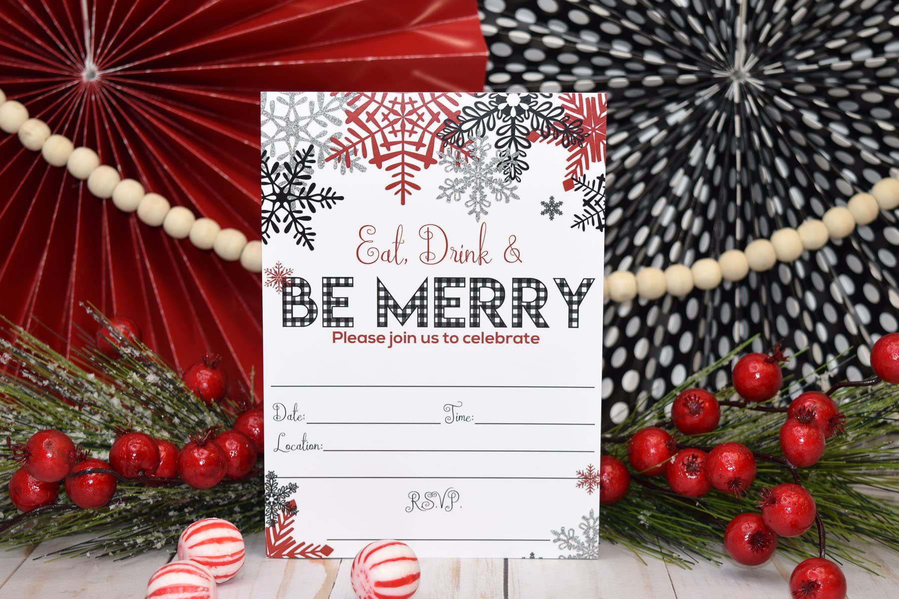 Eat Drink & Be Merry Snowflake Christmas Holiday Party Invitations, 20 5"x7" Fill In Cards with Twenty White Envelopes by AmandaCreation