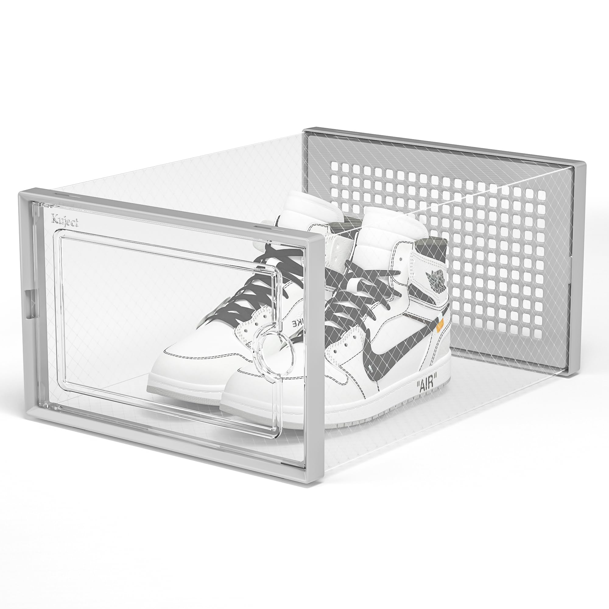 Kuject X-Large Shoe Storage Boxes Organizers Clear Plastic Stackable 4 Pack, Shoe Rack & Holder Substitute, Sneaker Containers, Toy Storage Organizer Bins for Entryway, Closet, Under Bed, White