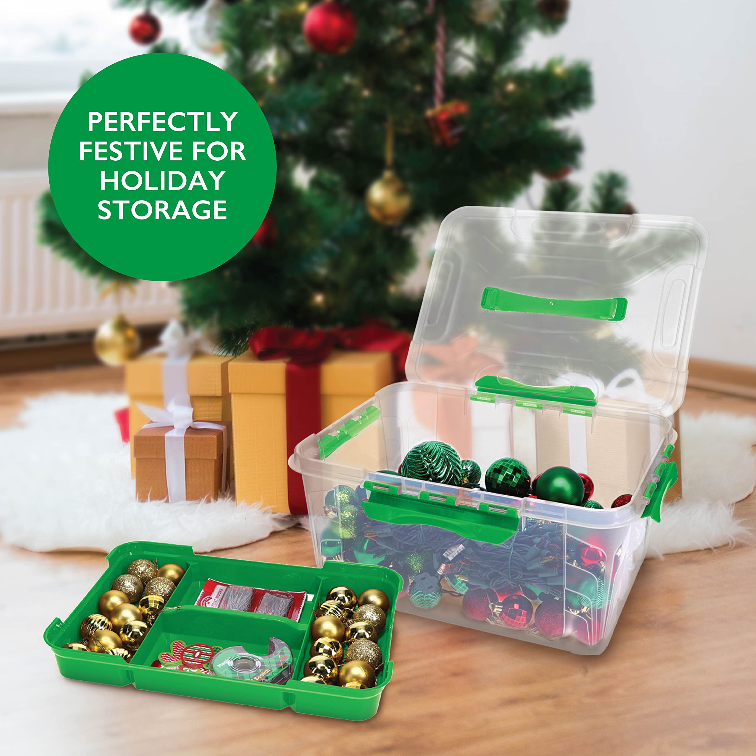 Home+Solutions 3 Piece Container Set - Large Green Plastic Containers, Holiday Storage, 15.35βx11.42βx7β Each