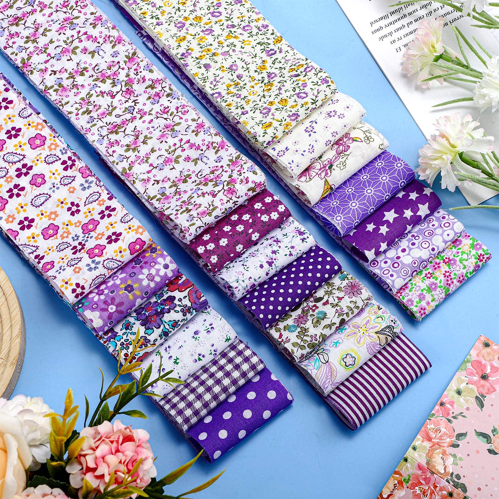 Kingdder 70 Pcs Floral Cotton Fabric Patchwork Roll 2.55 x 39.4 Inch Cotton Quilting Fabric Roll up Cotton Fabric Quilting Strips Precut Patchwork Roll for Craft Sewing DIY Crafts (Purple Flower)