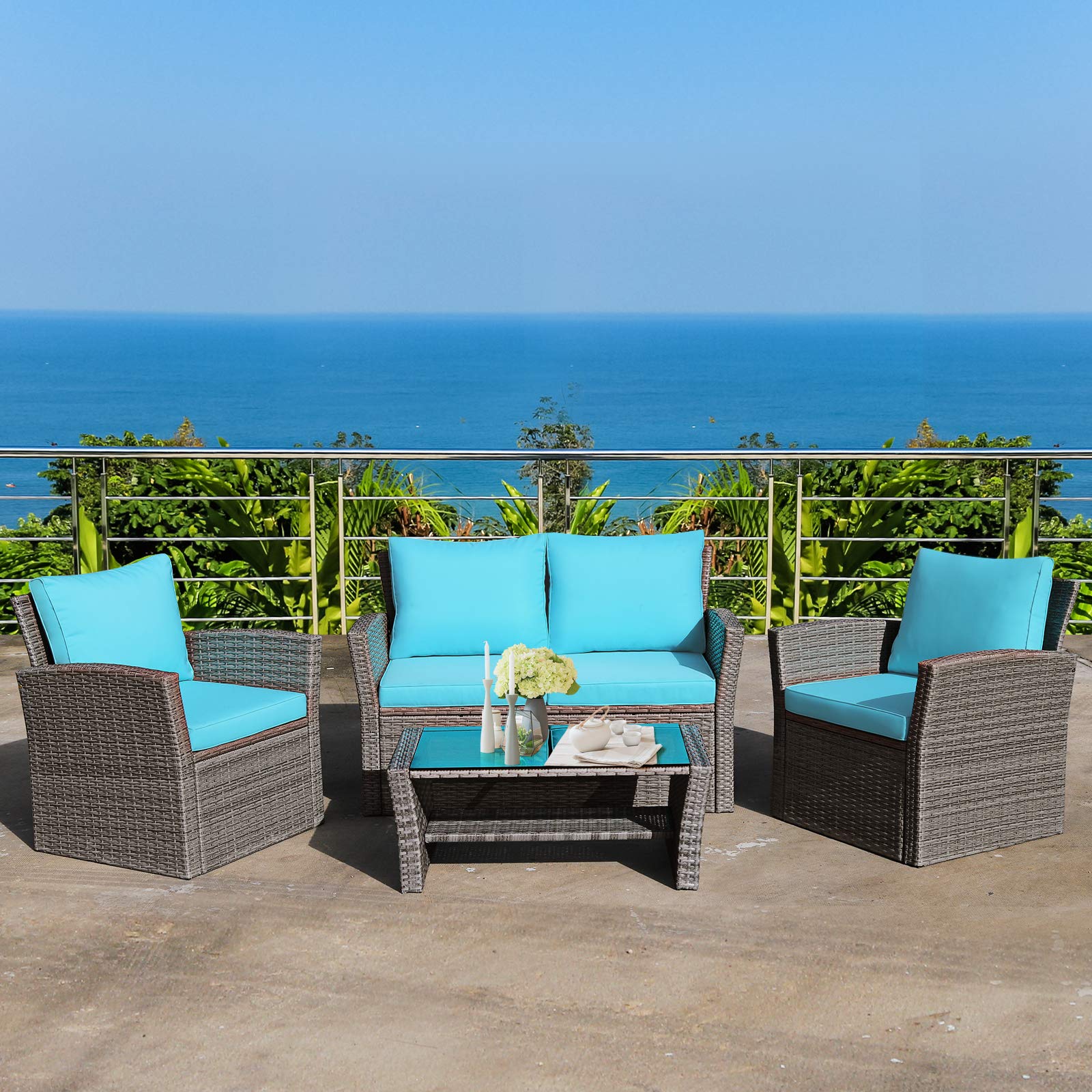 Tangkula 4 Pieces Patio Furniture Set, All Weather Outdoor Sectional Rattan Sofa Set with Cushions & Tempered Glass Table, Wicker Conversation Couch Set for Backyard Garden Poolside (Turquoise)
