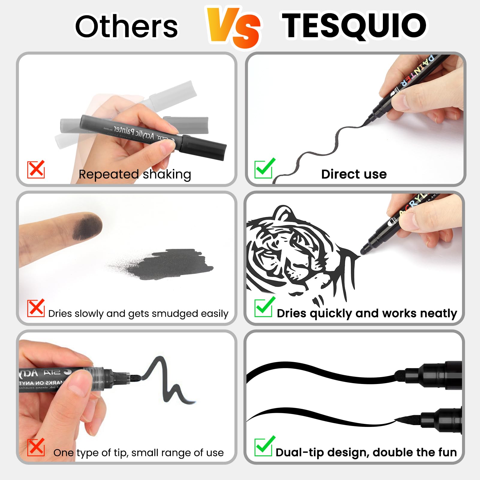Tesquio Black and White Paint Marker, 8 Pack Dual Tip Acrylic Paint Pens with Medium Tip and Brush Tip, Ideal for Wood, Rock Painting, Canvas, Stone, Glass, Ceramic