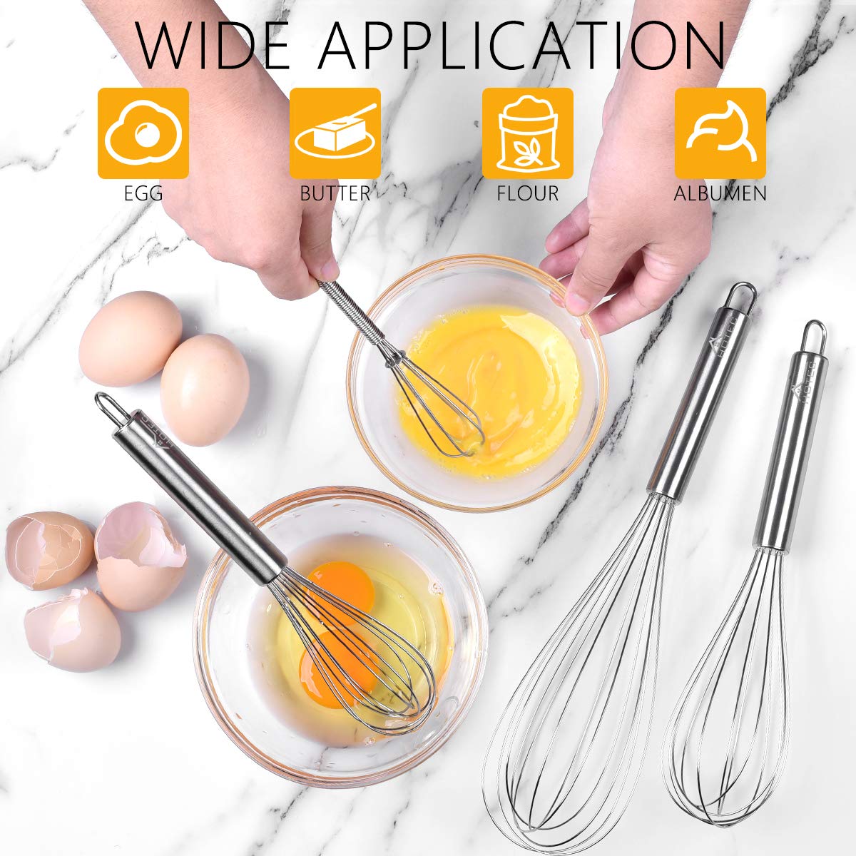 HOTEC 4 Pieces Stainless Steel Whisks Set Wire Whisk Balloon Whisk Egg Beater Kitchen Utensils for Stirring, Beating, Blending