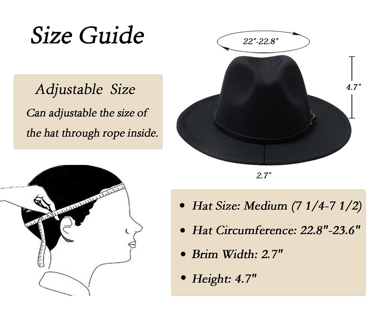 Eohak Womens Belt-Buckle-Panama-Hat Wool Womens Wide Brim Fedora Hat (S-M) Black Red