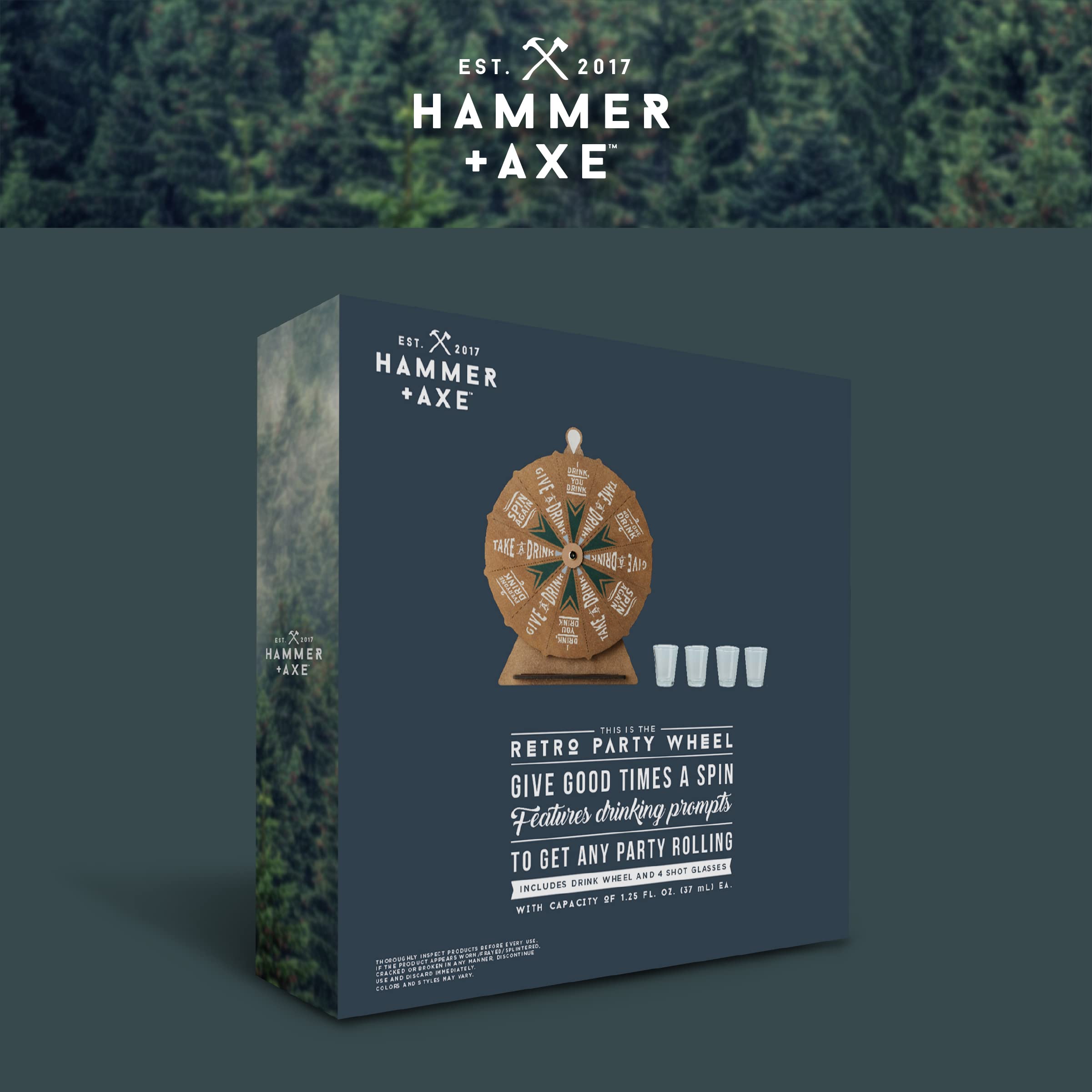 Hammer + Axe Vintage Drinking Wheel Game with 4 Shot Glasses, Tabletop Alcohol Drinking Game for Adults, Party Icebreaker, Entertaining & Fun Activity for Tailgating, Pregaming, Parties, BBQ