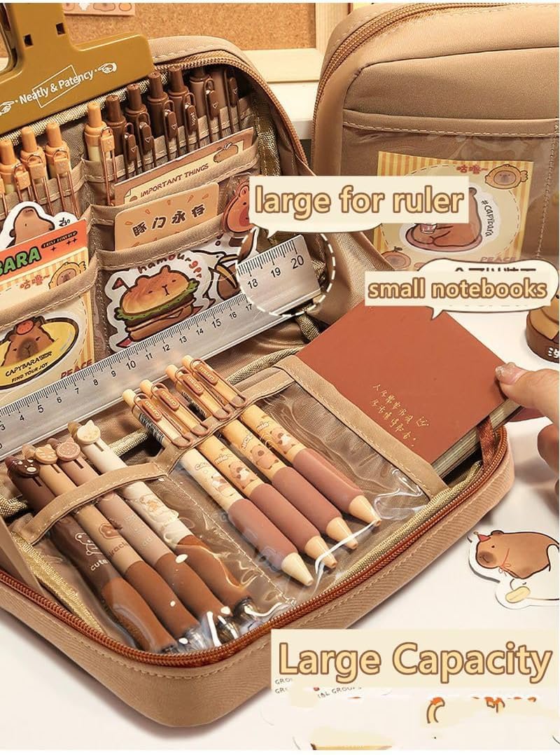 LEEWENYAN Capybara Pencil Case with 12 Compartments 90° Wide Opening Mouth Pencil Pouch with Kawaii Pins Plush Cute Stationery (Brown)