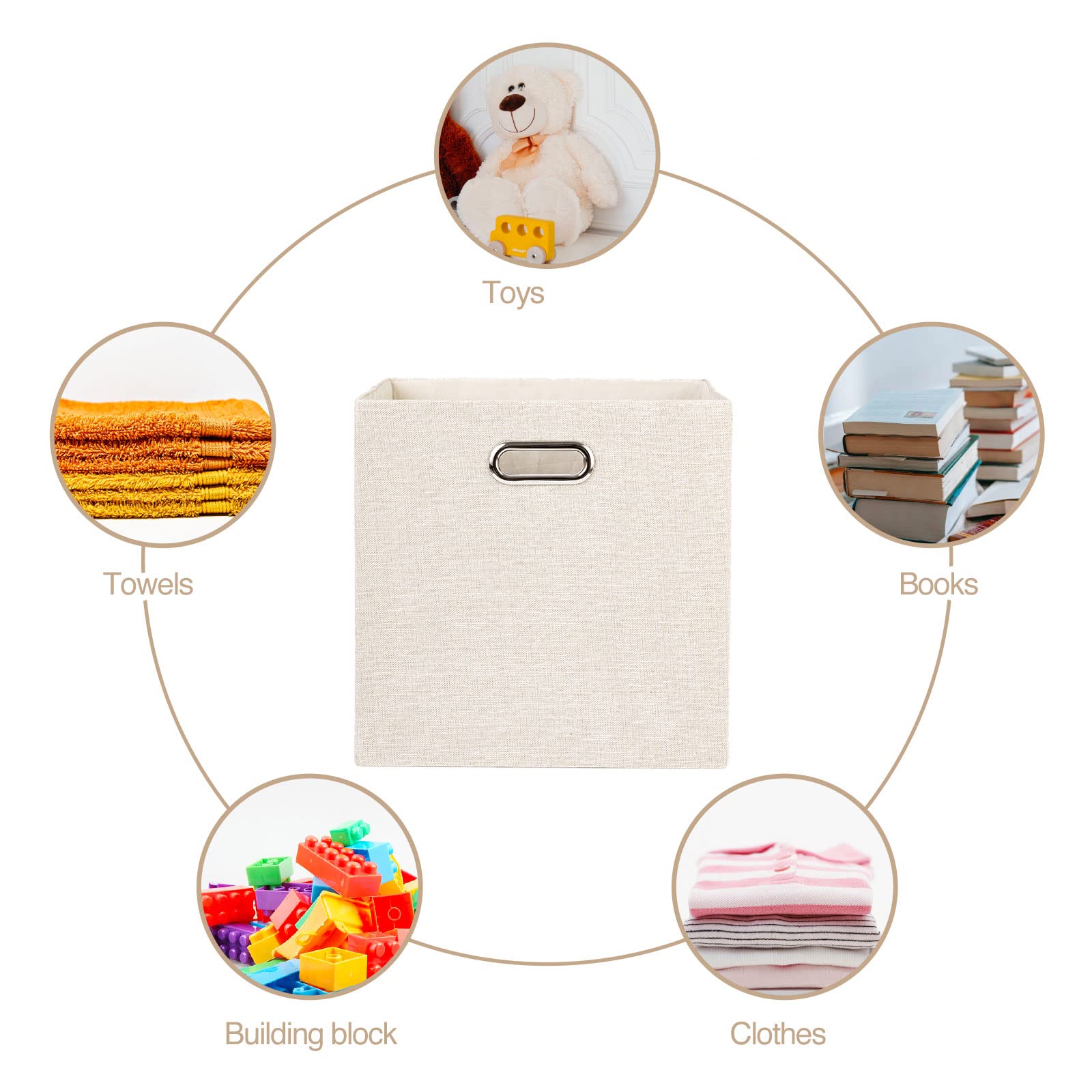 Jermichoc 13x13x13 Inch Cube Storage Bins, 4 Pack Foldable Linen Fabric Organizer Basket with Metal Handle for Clothes Toys Organizing (Beige)