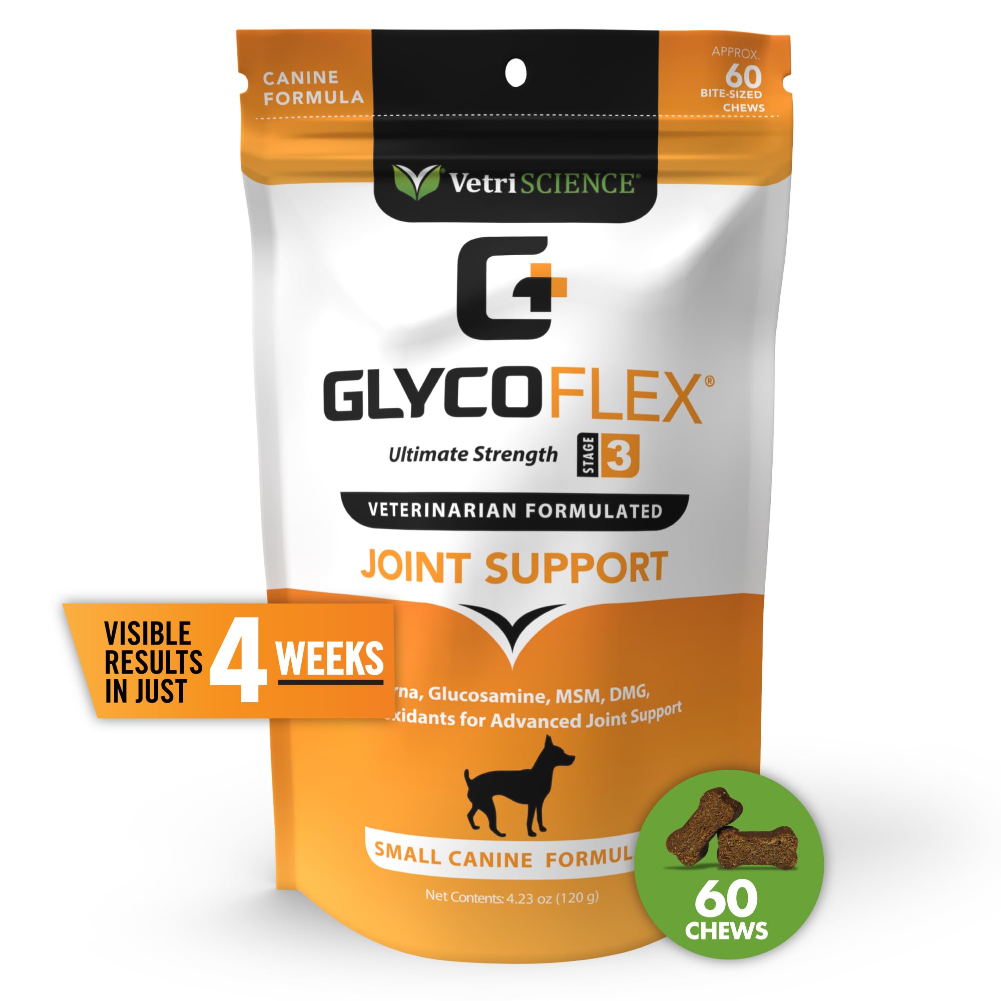 VetriScience Glycoflex 3 Clinically Proven Hip and Joint Support Supplement for Small Dogs - Maximum Strength Dog Supplement with Glucosamine, MSM, Green Lipped Mussel & DMG - 60 Chews,Chicken Flavor