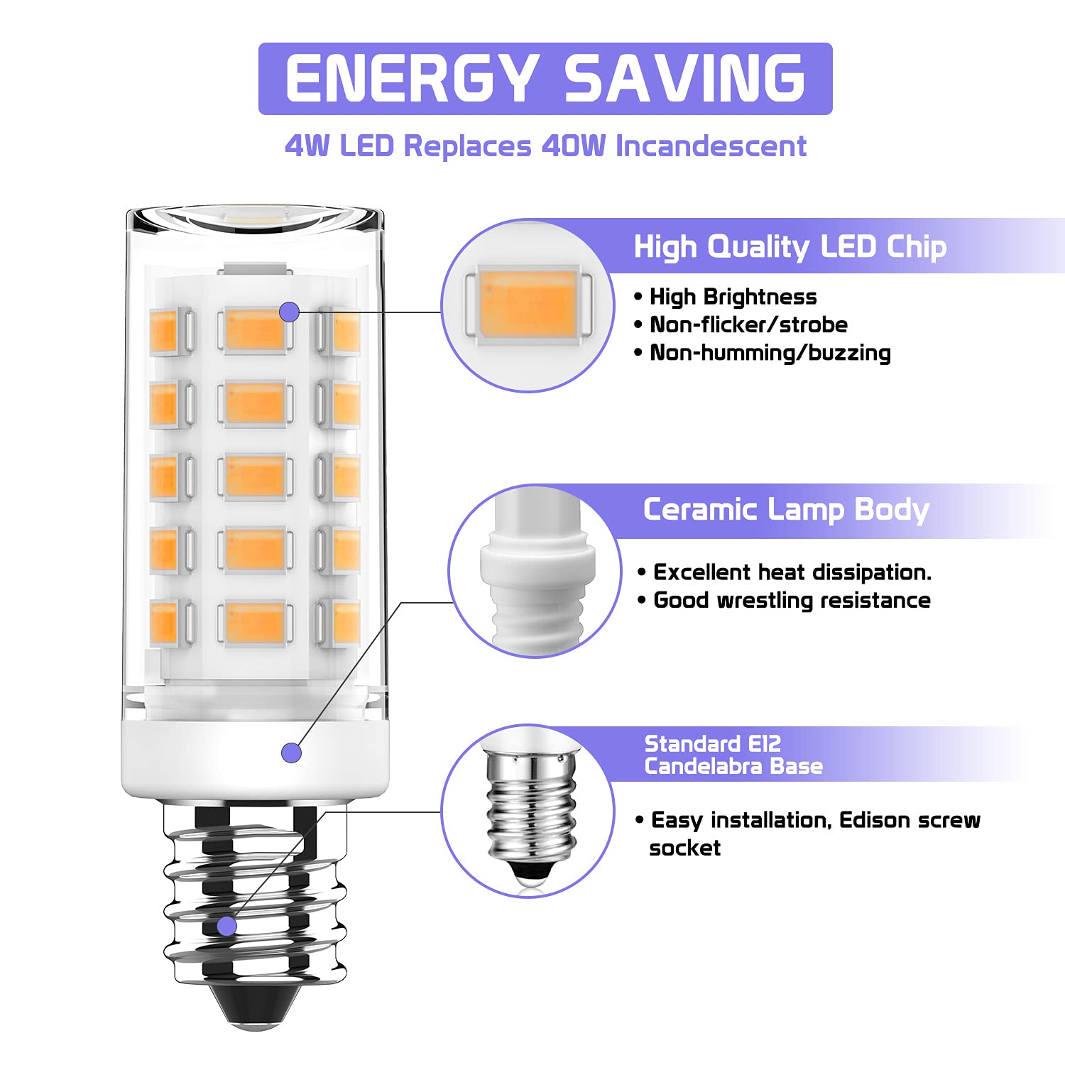 E12 LED Bulbs, Candelabra LED Bulbs 40Watt 60Watt Equivalent, Warm White 3000K 760 Lumen, 120V E12 Candelabra Light Bulbs for Ceiling Fan, Chandelier Lighting, Not Dimmable, 6Pack