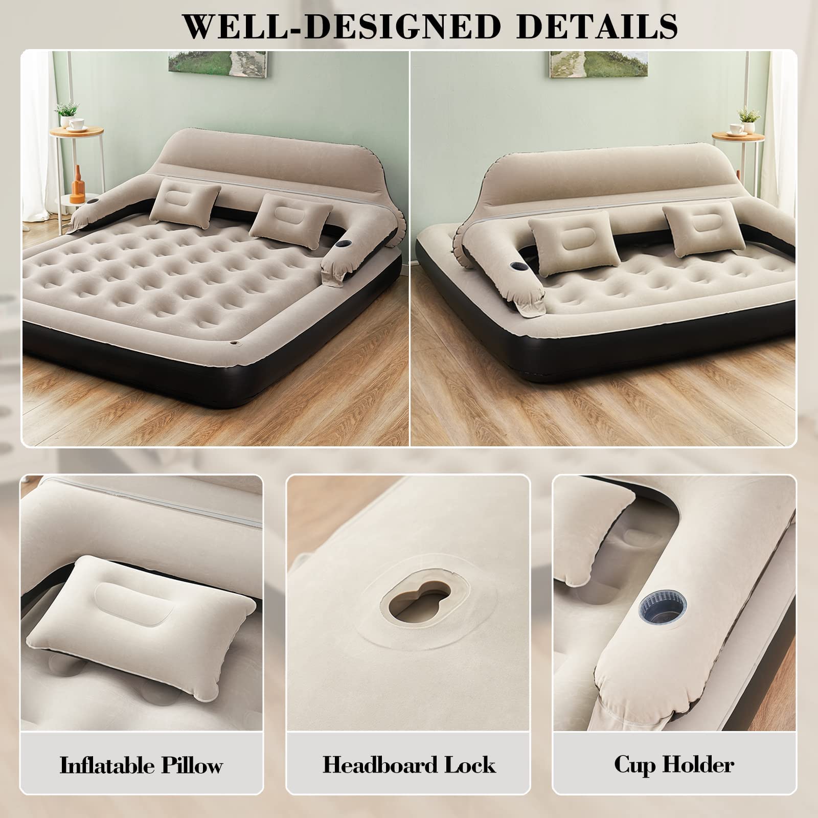DIMAR GARDEN Queen Size Air Mattress Blow Up Bed with Inflatable Headboard and Pillows