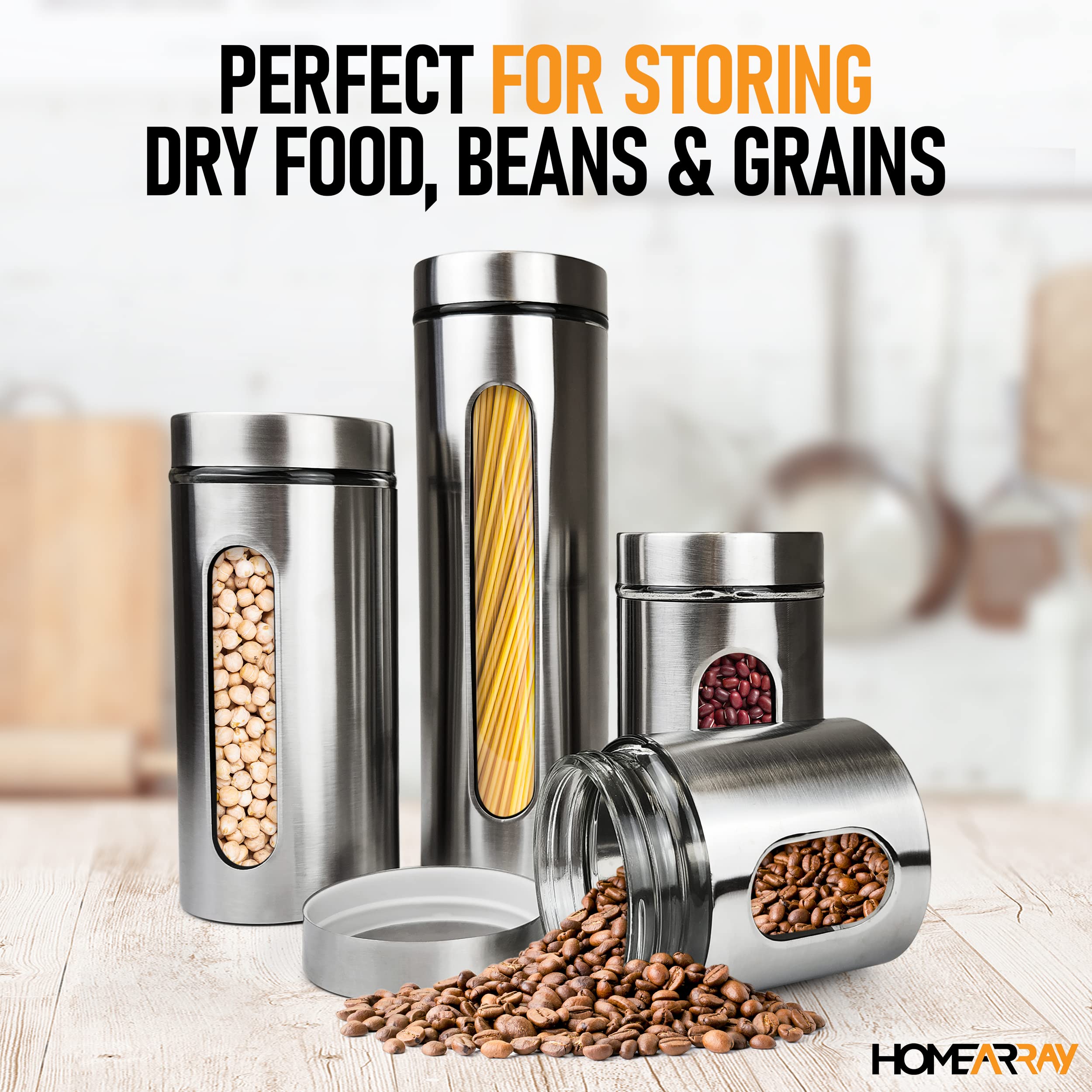 HOMEARRAY Stainless Steel Kitchen Canisters for Countertop β Set of 4 Stainless Steel Containers with Lids β Kitchen Containers Storage Set with Glass Window for Pasta, Cereal, Flour