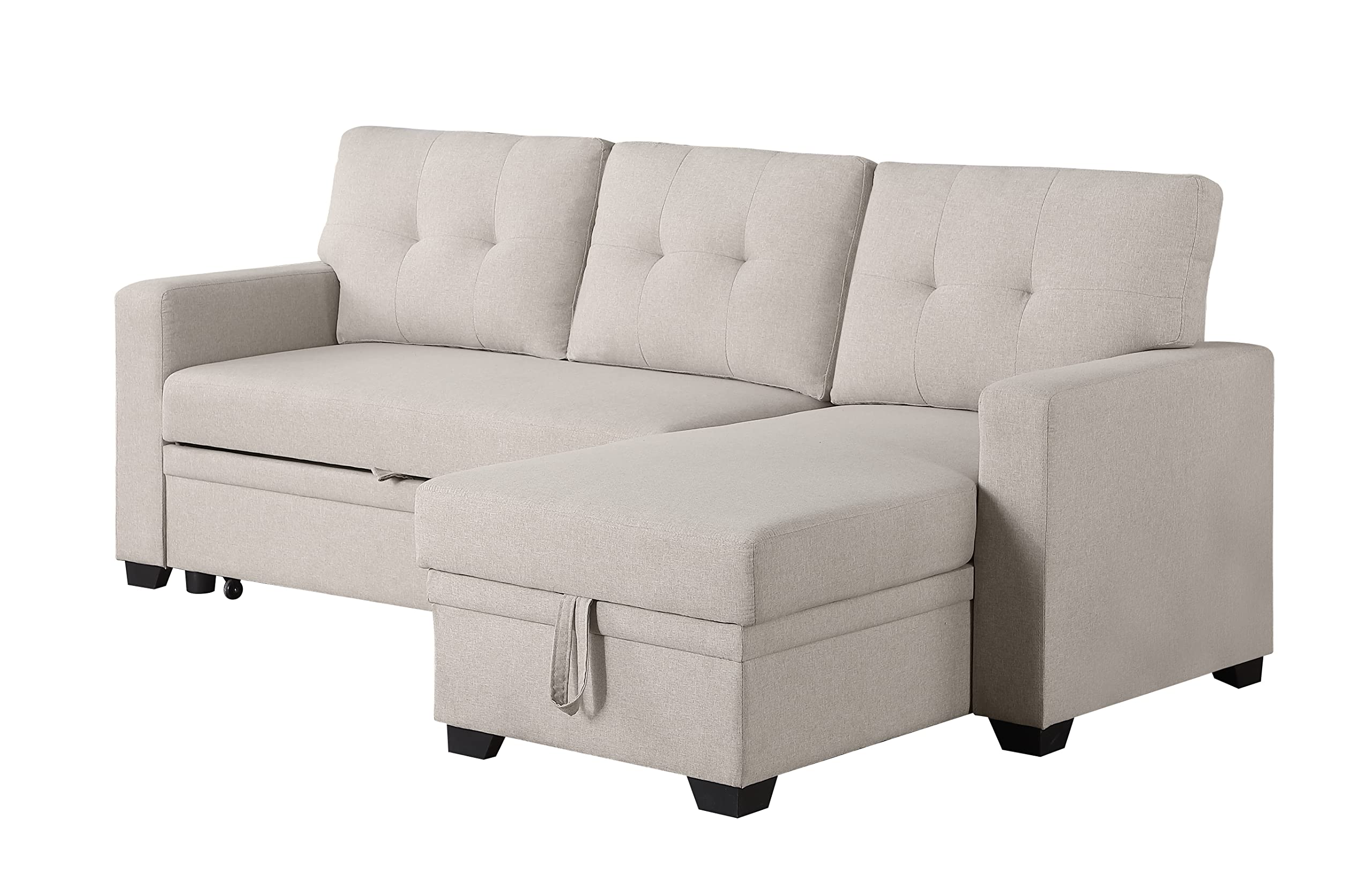 L Shaped Convertible Sleeper Sectional Sofa with Storage Chaise and Pull-Out Bed, Linen Upholstered Reversible Corner Couch w/Detachable Backrest for Living Room, Apartment, 3 Seater Home Furniture