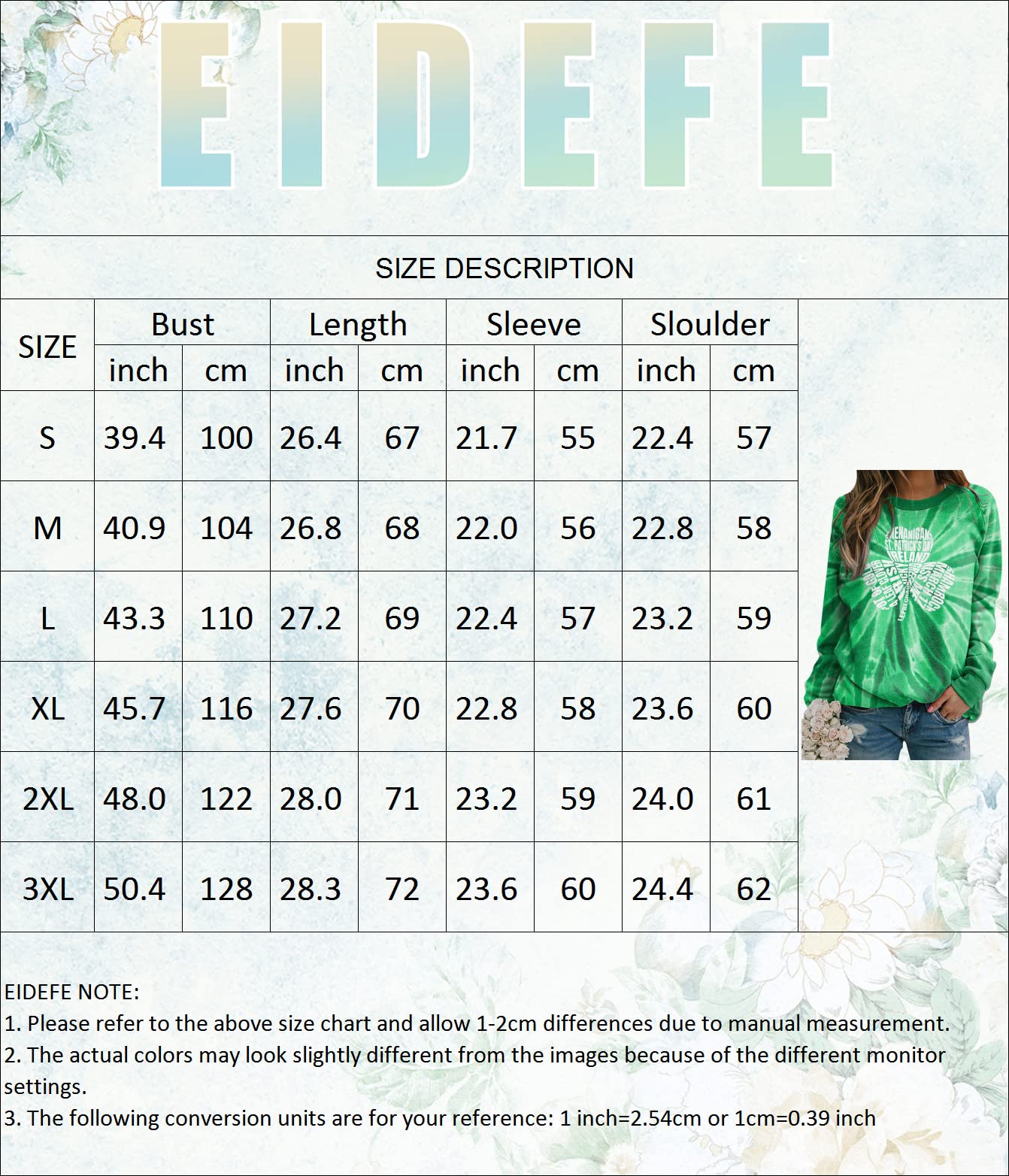 EIDEFE Women’s Long Sleeve St. Patricks Day Hoodie Lightweight Floral Print Tunic Top Sweatshirt Shirt Z-Tie Dye L
