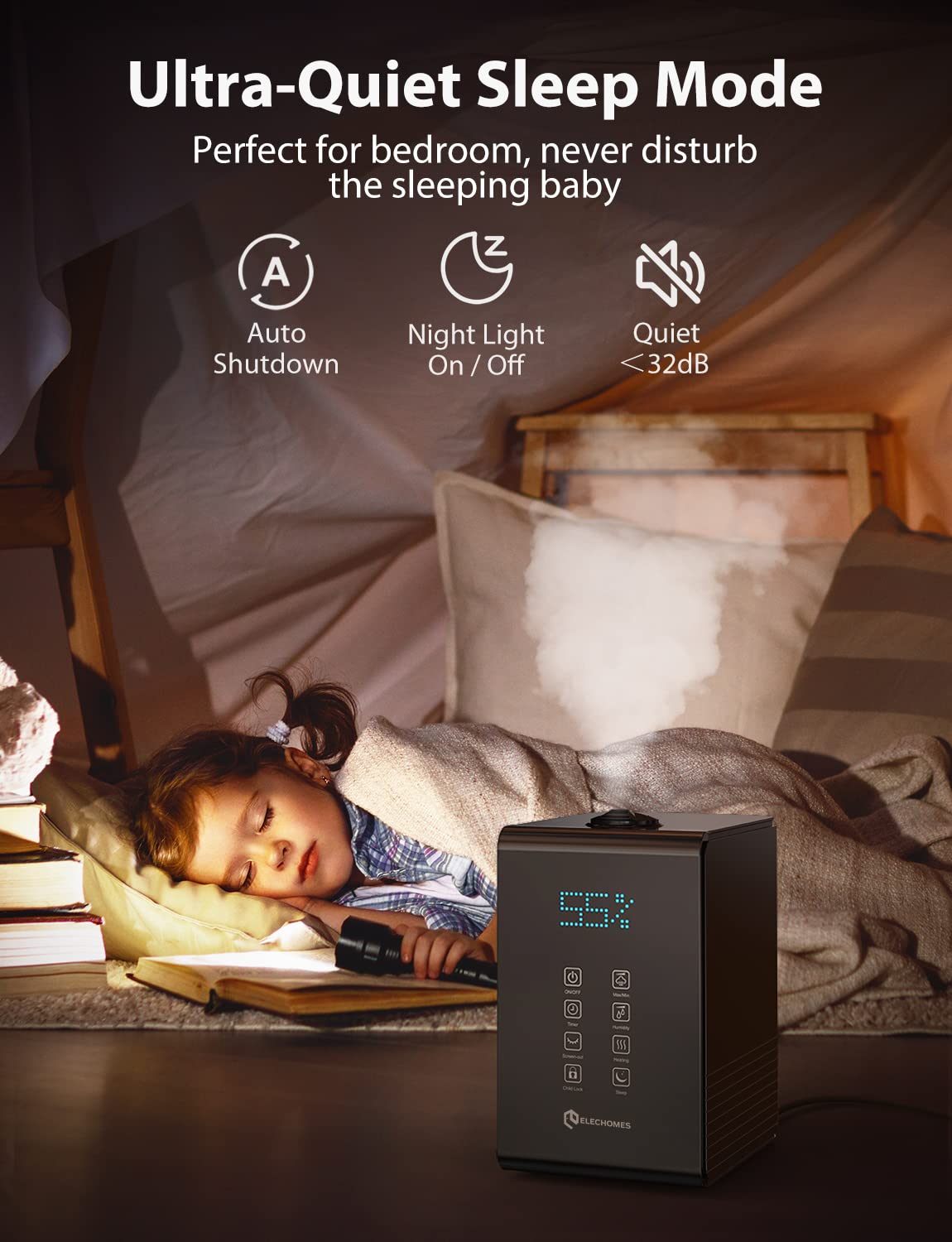Elechomes Humidifier for Large Room Bedroom Plants, SH8820 Warm and Cool Mist Humidifiers, 5.5L Top Fill Vaporizer with Remote Control, Ultra Quiet, LED Display, Humidity Sensor, Auto Shut-off, Black