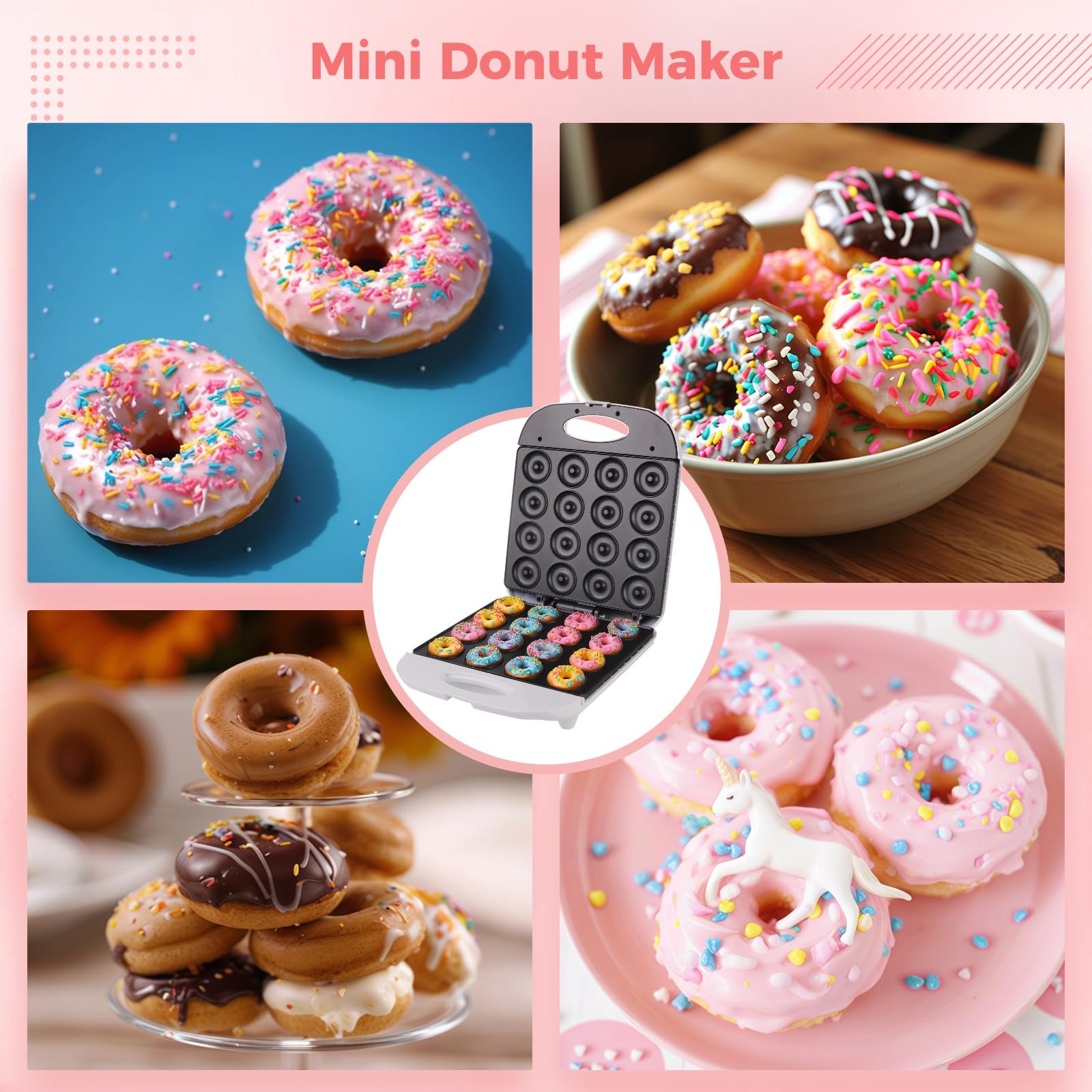 Mini Donut Maker, 16 Holes Small Doughnuts Maker Machine, 1400W Donut Maker Machine with Non-Stick Coating, Double-Sided and Quick Heating, US 110V, White