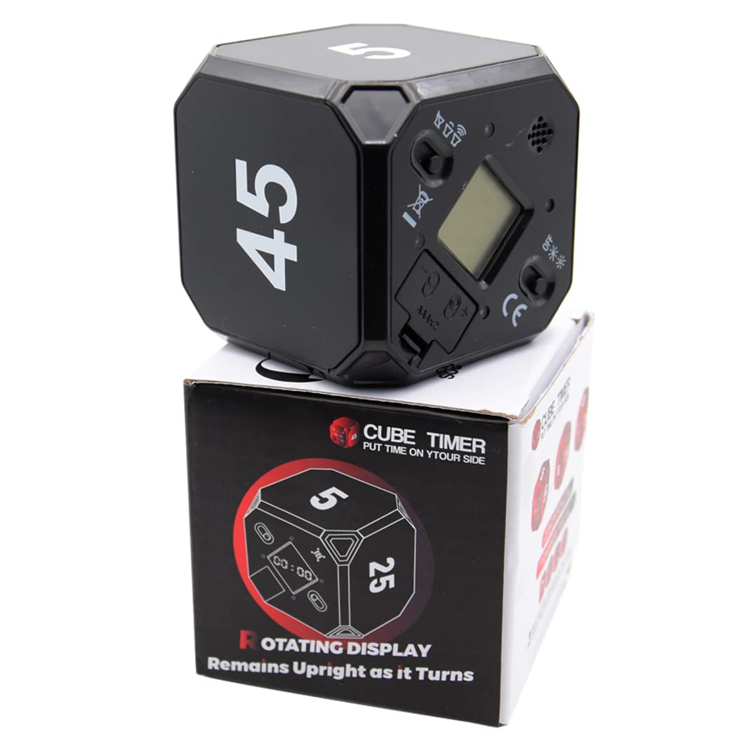 Hoshen Gravity Sensor Cube Timer, 5-15-25-45 Minutes Time Management Countdown Reminder, Kitchen Baking Reminder, Original Box (Without Battery),Black