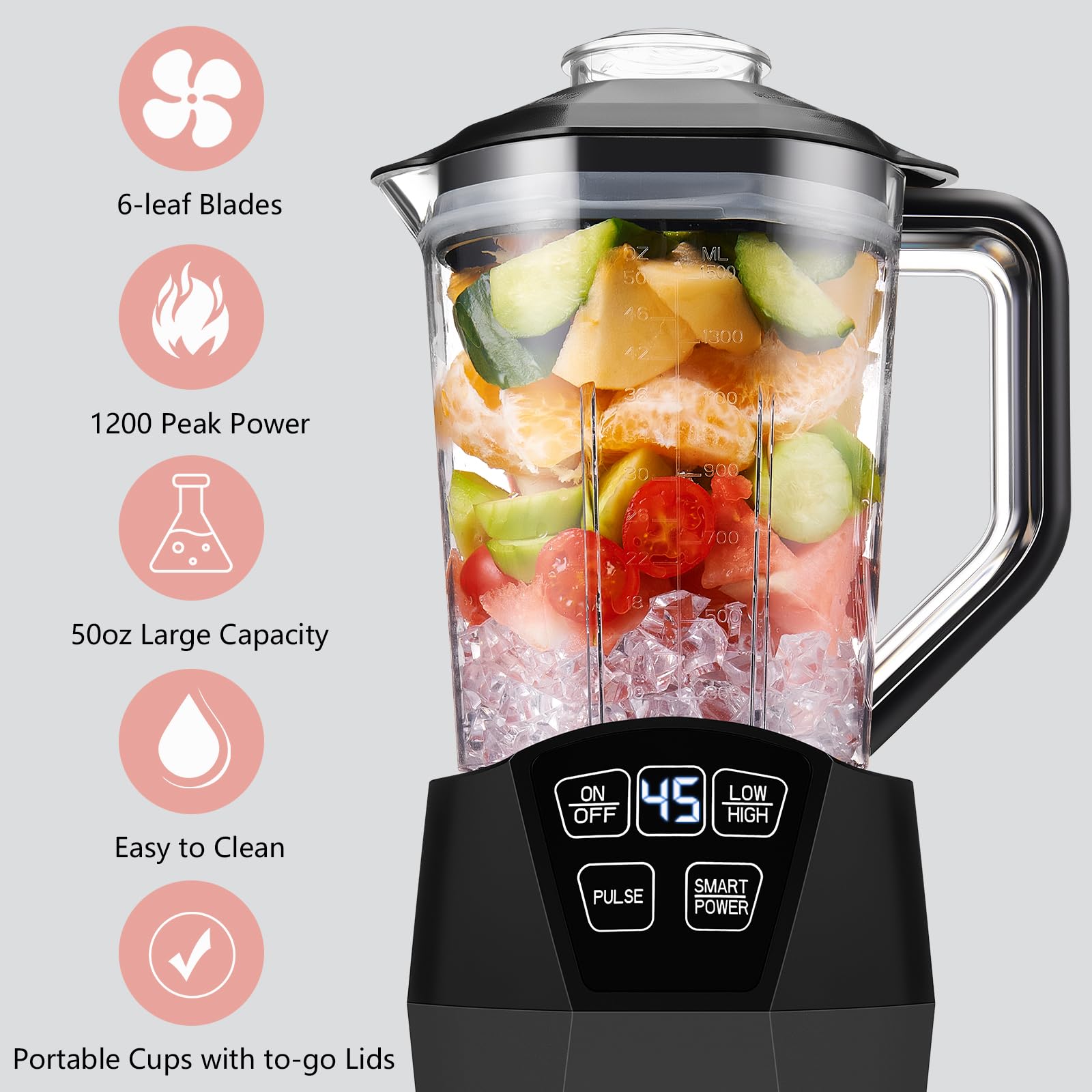 Liebe & Lecker Personal Blender with 1200-Peak-Watts, Smart technology for Frozen Drinks, Shakes, Smoothies & Sauces, Smoothies Blender with 50-oz Pitcher, (2)28-oz To-Go-Cups & Spout Lids, Black