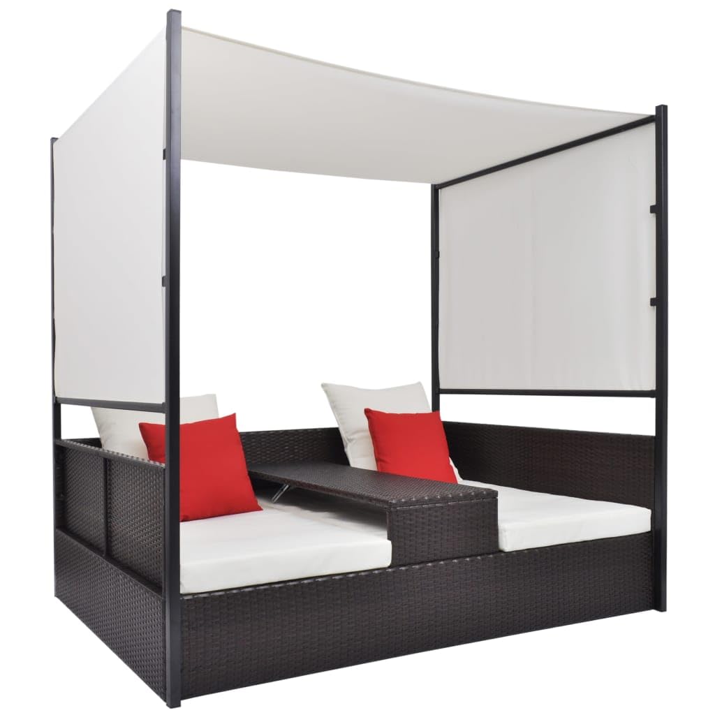 vidaXL Patio Bed, Outdoor Double Chaise Lounge with Canopy, Patio Furniture for Outdoor Courtyard Poolside Balcony, Brown Poly Rattan