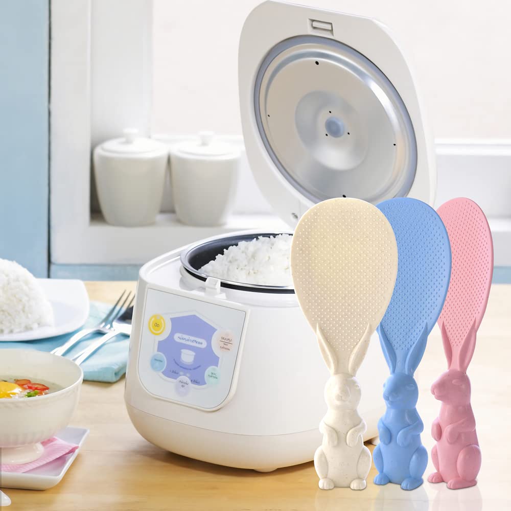 HengKe 3 Pieces Rabbit Shape Rice Paddle Bunny Cartoon Rice Spoon Non-stick Rice Spatula Stand-up Rice Spoon Paddle Standing Rice Cooker Spoon Stand-able Rice Serving Spoons Vertical Rice Scoop