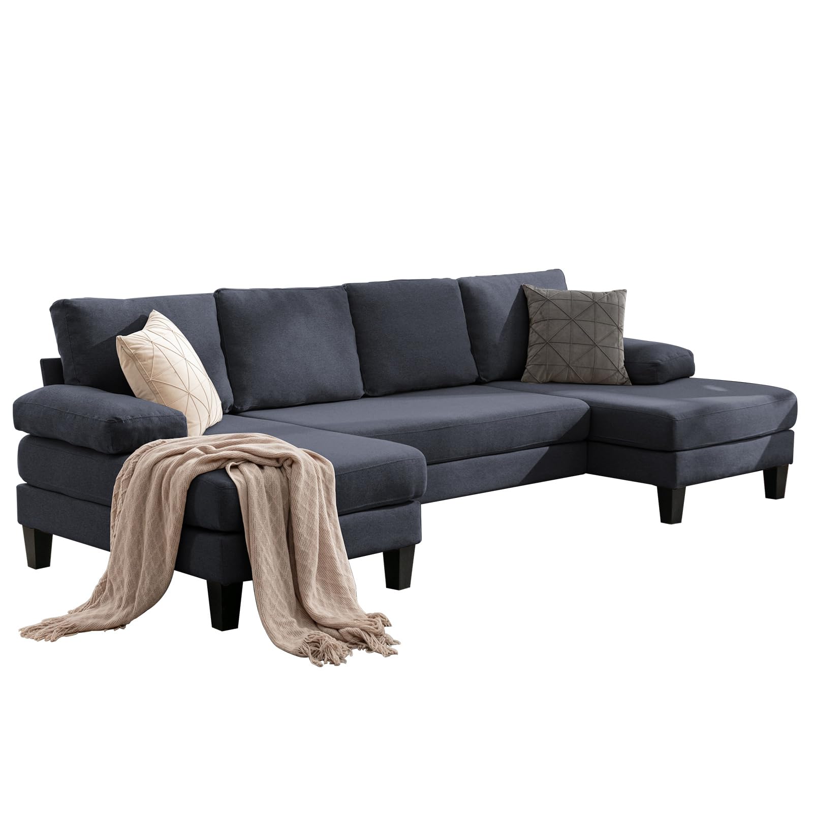 Mjkone Convertible Sectional Sofa U-Shaped Couch with Double Chairs Couch Set Soft Linen Fabric Sofa for Living Room Oversized Seats Comfy Backrest, 112 Inch - Dark Grey