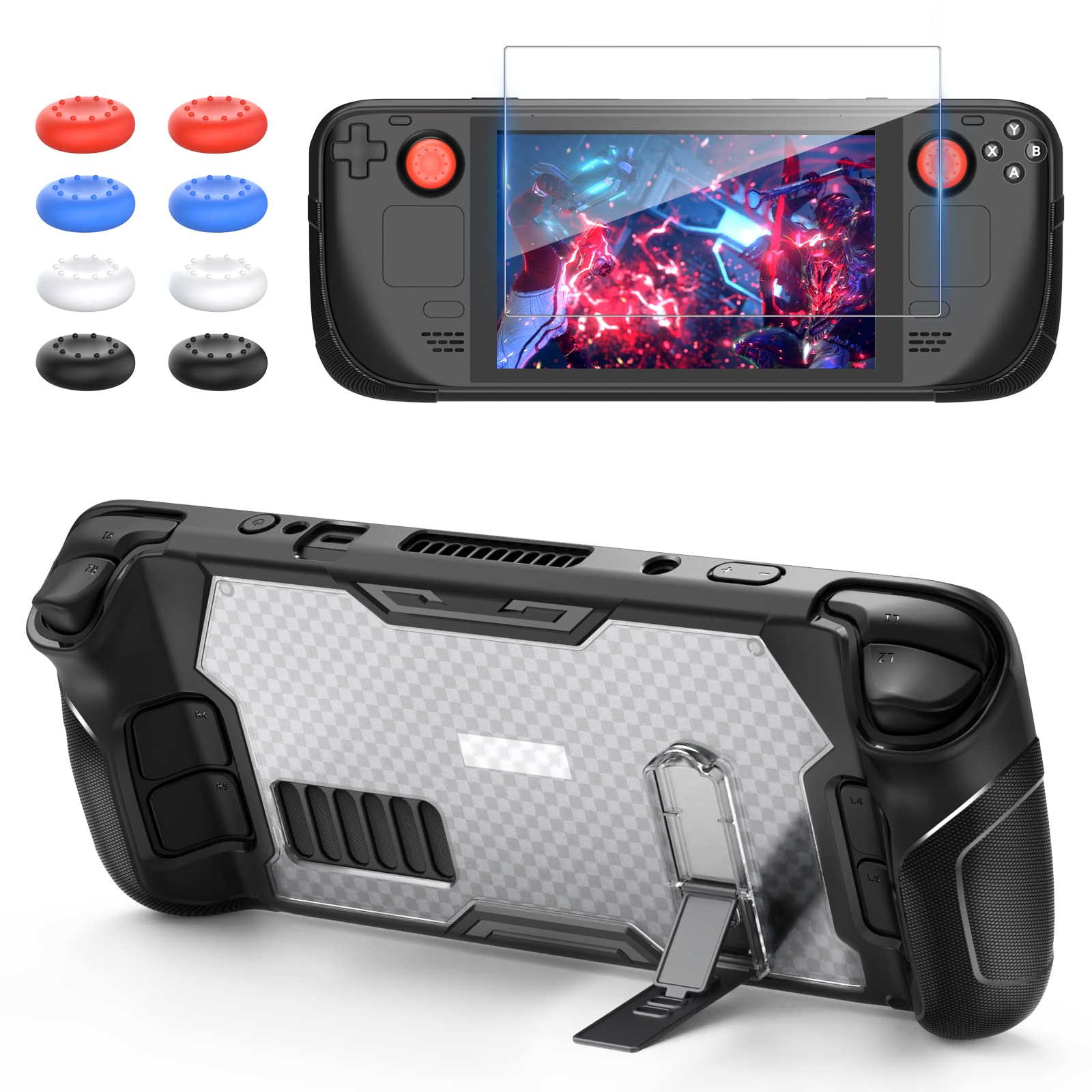 GORIXER Protective Case for Steam Deck with Kickstand, TPU Protector Cover Accessories with Stand & Screen Protector & Thumb Grips, Full Protection, Non-Slip, Anti-Collision for Steam Deck - Black