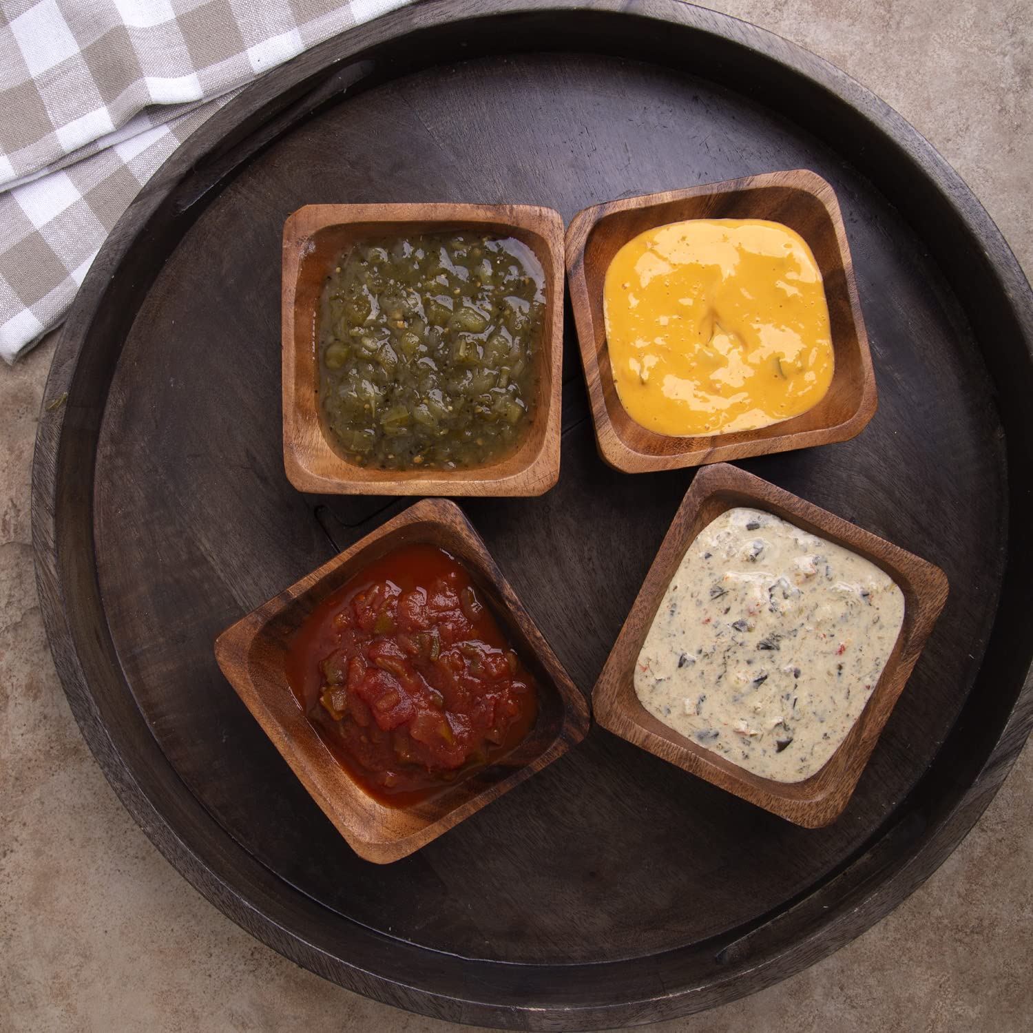 Glaver's Natural Acacia Wooden Bowls Hand-Carved Calabash Dip Tray Bowl S/4 Ideal for Appetizers, Dips, Sauce, Nuts, Candy, Olives, Seeds, Desserts and More. (Square)