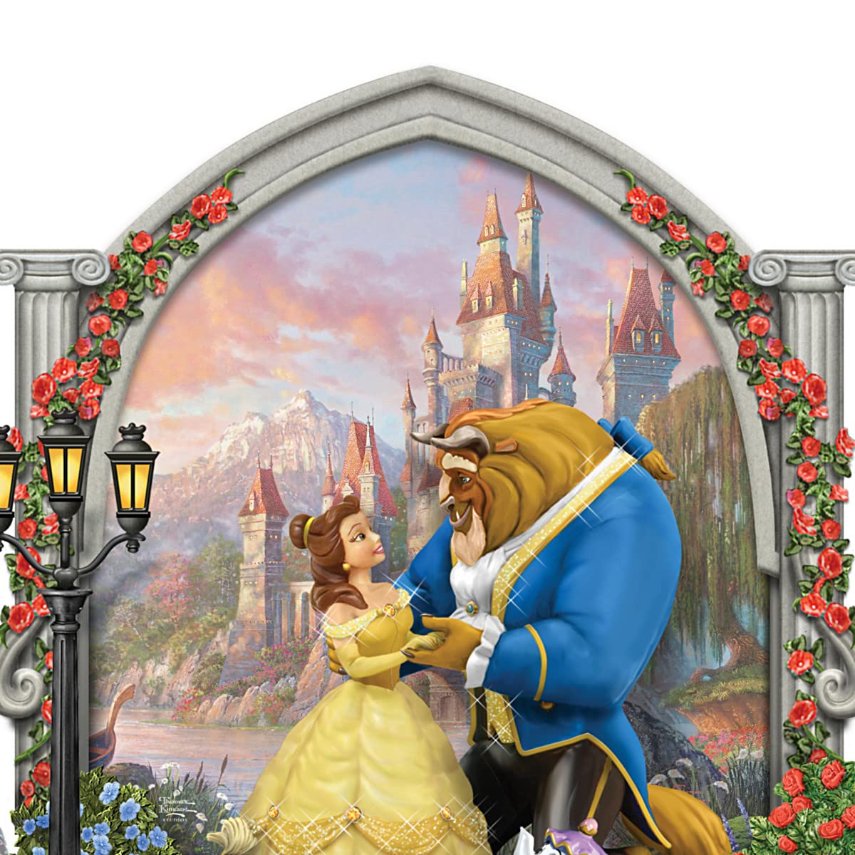 Disney A Tale of Enchantment Hand-Painted Beauty and The Beast Sculpture Adorned with Glitter Accents and Backdrop Art from Thomas Kinkade Studios