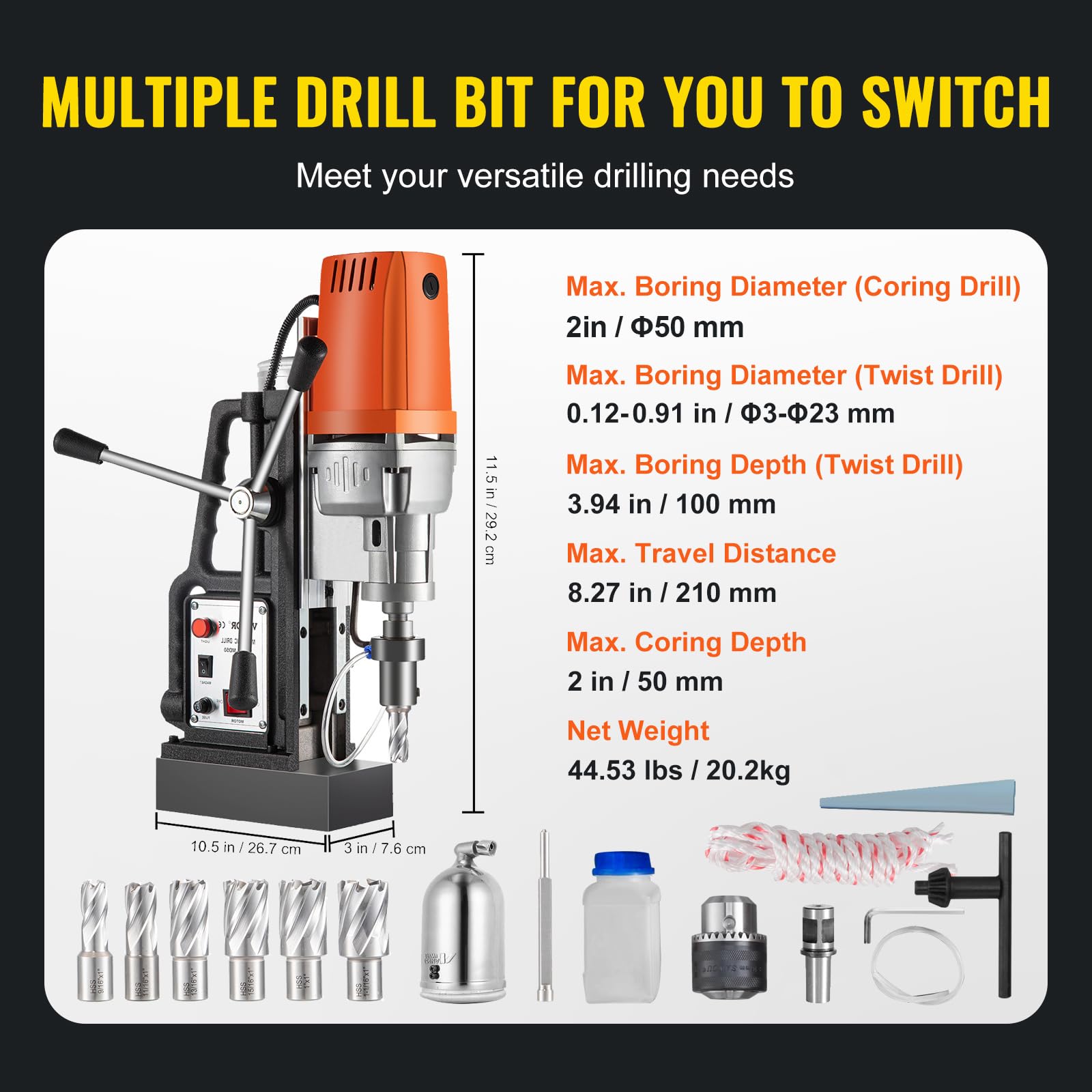 VEVOR 1680W Magnetic Drill Press with 2 Inch Boring Diameter Annular Cutter Machine 2900 LBS 6pcs HSS Annular Cutter Bits,500 RPM Drilling Machine for any Surface Home Improvement Industry Railway