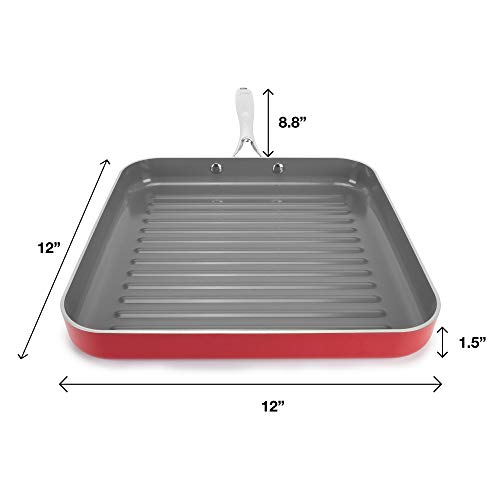 EaZy MealZ Square Non-Stick Grill Pan for Stove, Light weight, Perfect Grill Marks, Oven Safe up to 500 Degrees, Extra Large, 12" Red