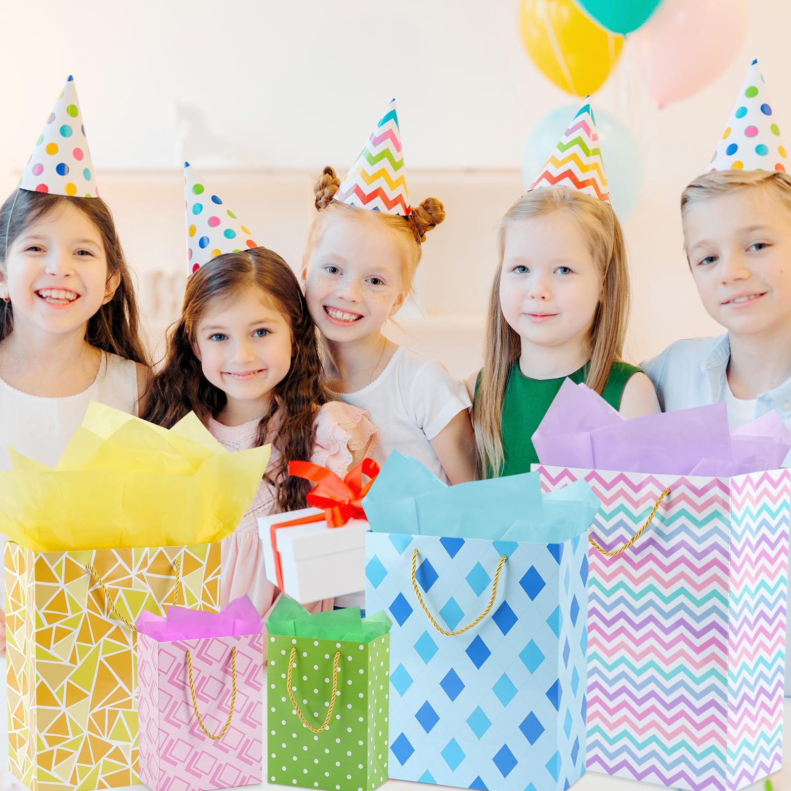 Moretoes 12 Pack Gift Bags Assorted Sizes and Designs, Gift Bag Set with Handle and Tissue Paper for Birthday, Baby Showers, Wedding, Valentine's Day (4 Small 8", 4 Large 13", 4 Extra Large 16")