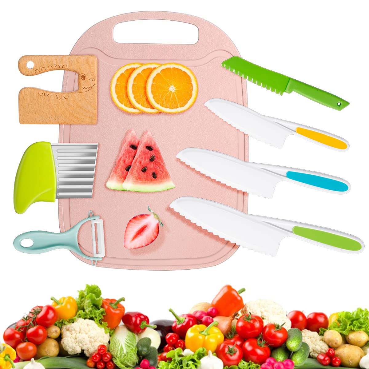 HANHAN 8 PCS Kids Knife Set, Include 4 Pcs Plastic Knives with Serrated Edges, Crinkle Cutter, Y Peeler, Crocodile Wood Knife & Durable Cutting Board for Fruit, Vegetable, Bread, Cake & more (#A)