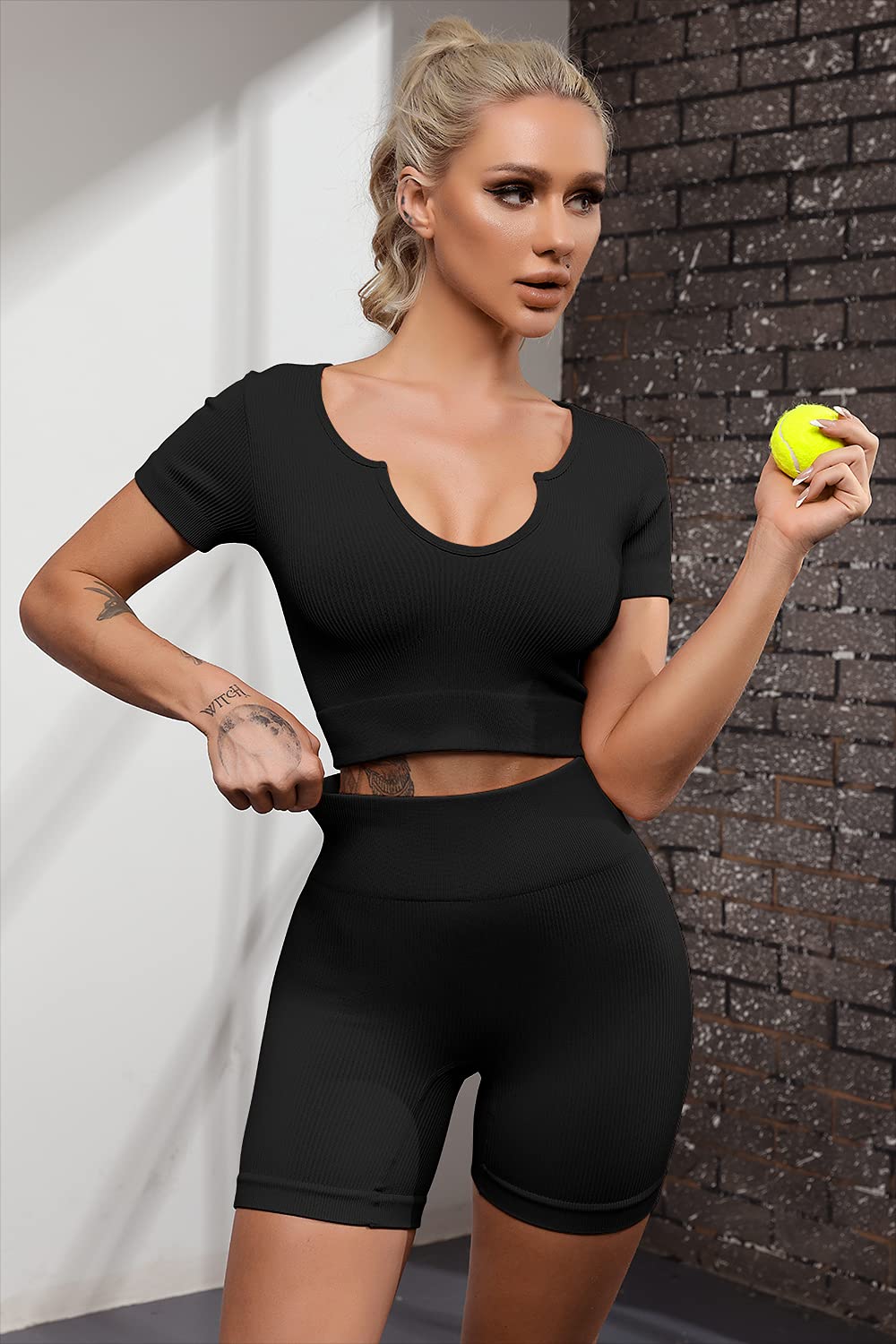 FAFOFA Ribbed Booty Shorts for Women High Waist,Seamless Workout Short Sleeve Crop Top 2 Piece Outfits Set M,Black(FAFCLS3077BL-M)