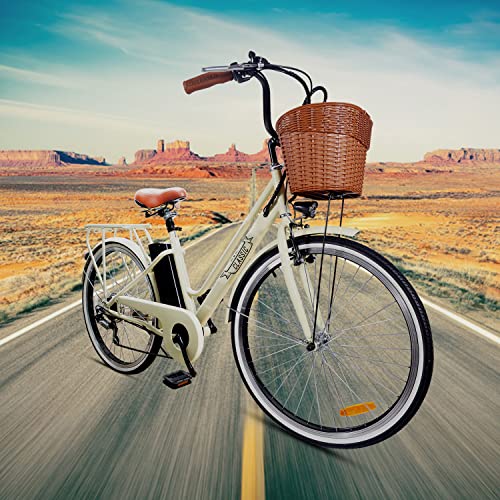 Electric Bike 6-Speed-Gear City E-Bike with 26" 350W 36V10A Lithium Battery, Plastic Basket,Charger (Size-04)
