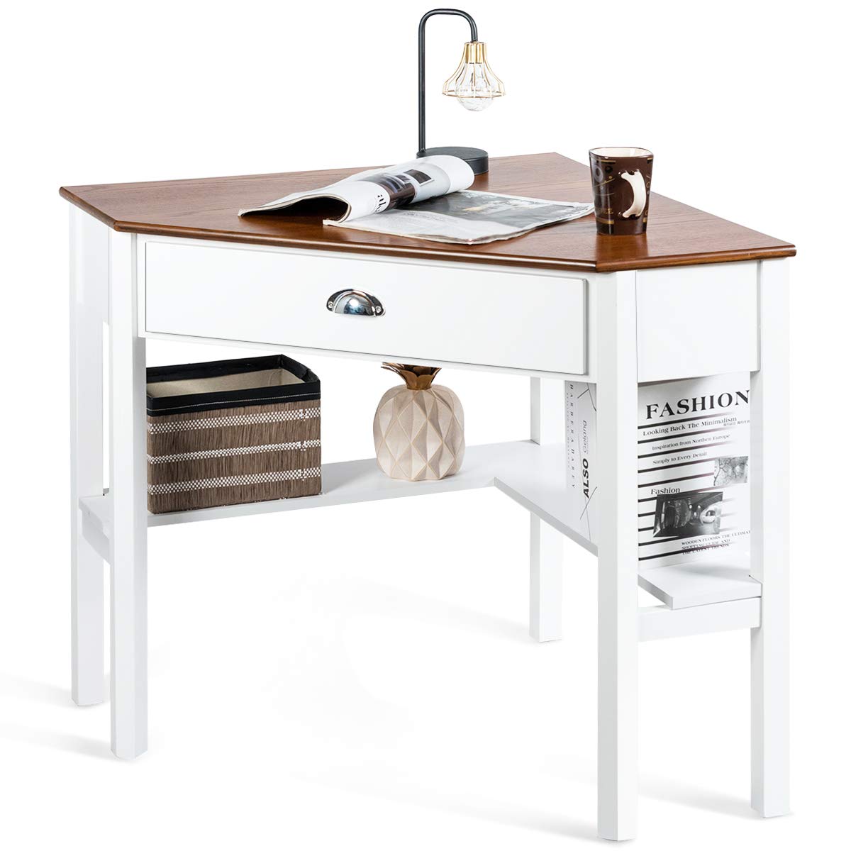 Tangkula Corner Desk, Corner Computer Desk with Drawer for Small Space, Small Corner Makeup Vanity Desk, 90 Degrees Triangle Corner Desk with Storage Shelves (Natural & White)