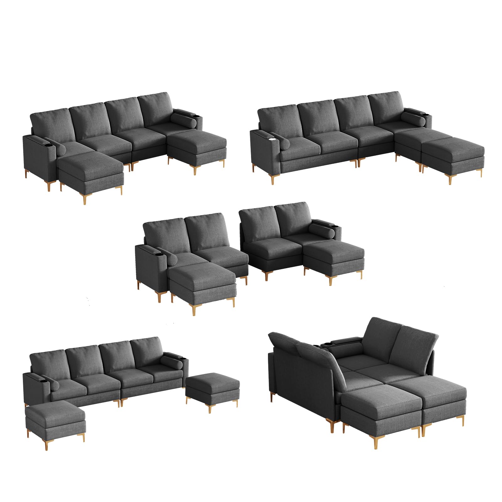 Mjkone Convertible L-Shaped Couch Modular Sectional Sofa with Removable Storage Ottoman & Storage Armrest, Modern Sofa Set Sectional Couch with Cup Holders, 115 Inch Living Room Set - Dark Grey