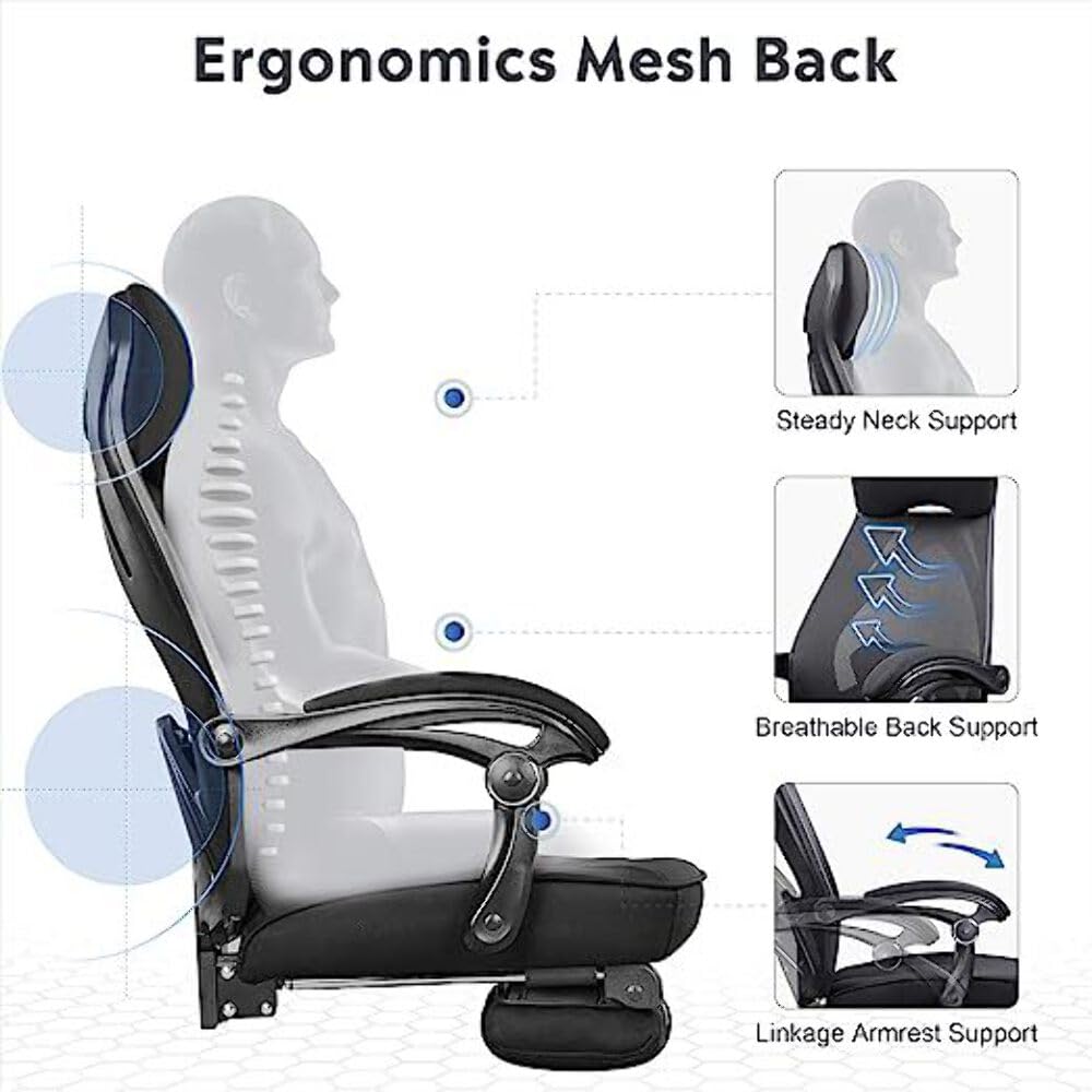 DEVAISE Ergonomics Recliner Office Chair, High Back Mesh Computer Desk Chair with Adjustable Lumbar and Footrest Support, Black