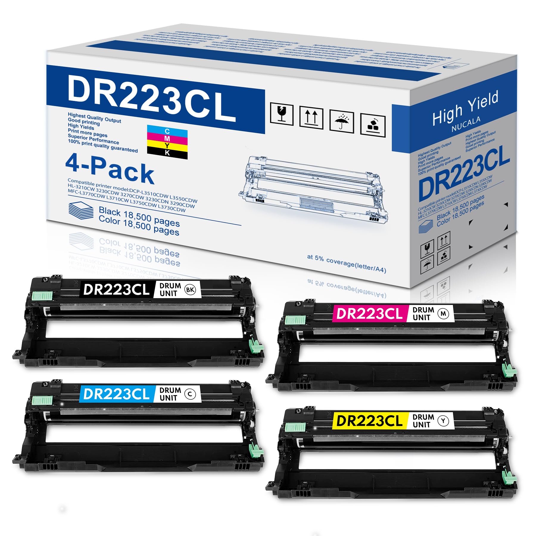 DR223CL Drum Unit Set 4 Pack Replacement for Brother DR-223CL DR223 Drum MFC-l3710CW MFC-l3770CDW MFC-l3750CDW HL-l3270CDW Printer (1Black, 1Cyan, 1Magenta, 1Yellow)