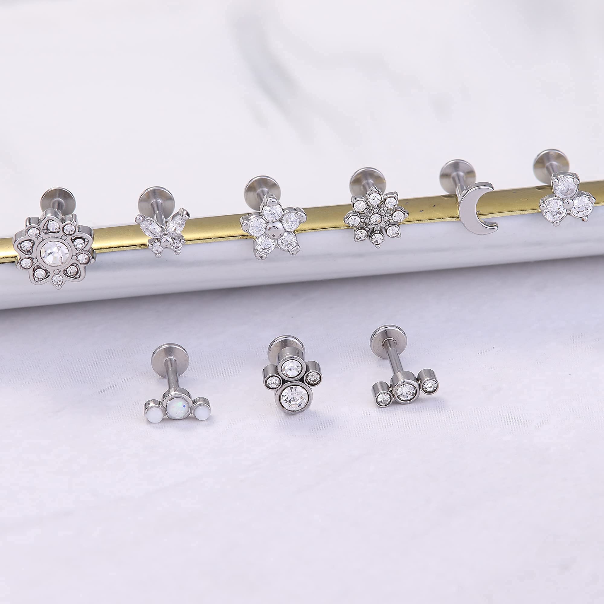 Florideco 9 Pcs 16G Lip Rings Stainless Steel Labret Studs Monroe Lip Ring CZ Opal Nose Studs Internally Threaded Helix Tragus Stud Earring for Women Medusa Piercing Jewelry Rose Gold