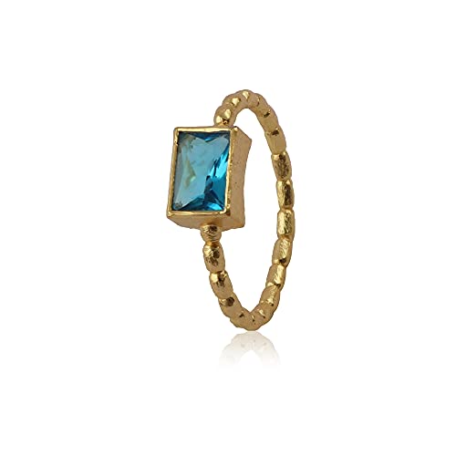 El Joyero Handmade Blue Topaz Emerald Cut Design Rectangle Shape Gemstone Brass Gold Plated Rings