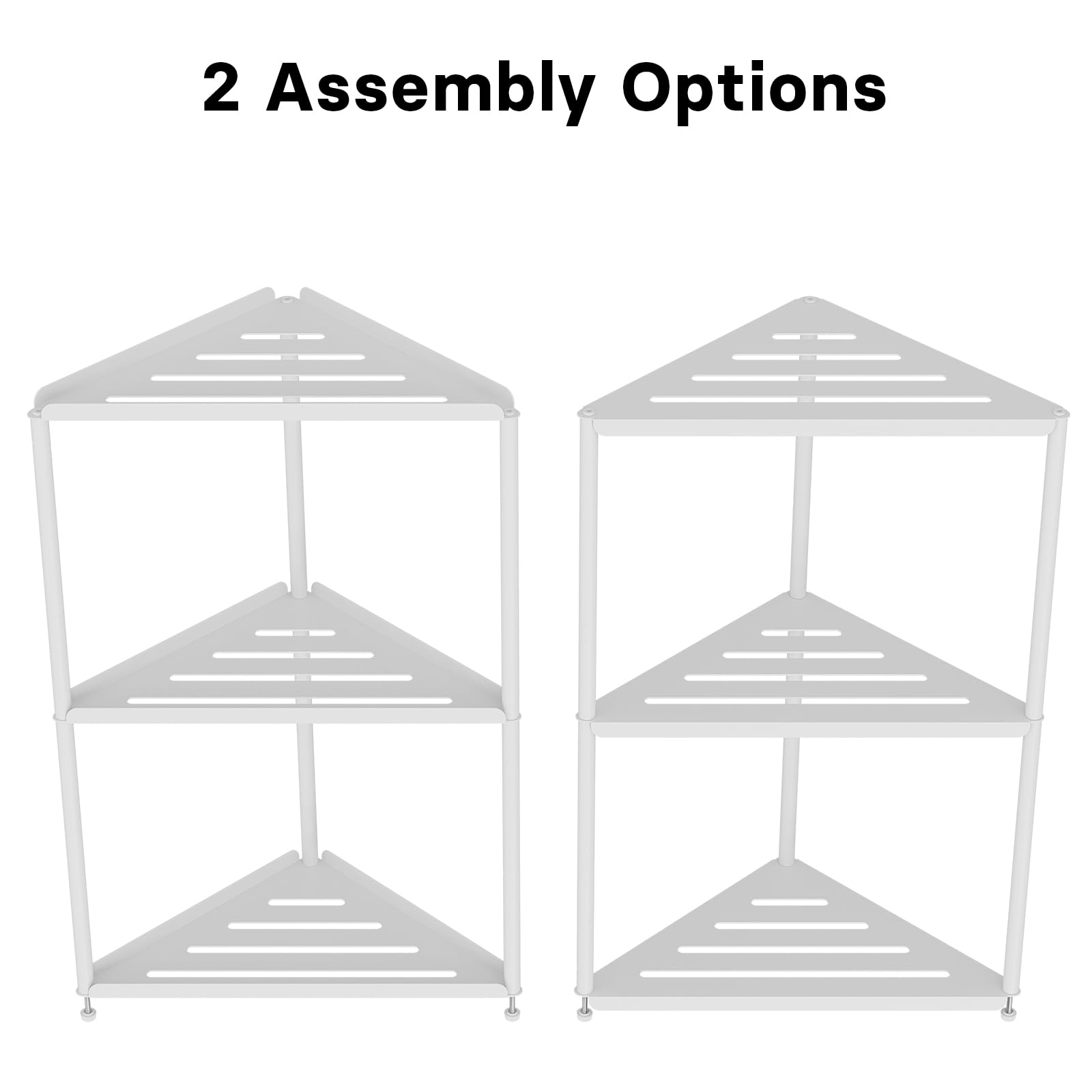 Kawaiita Corner Shower Caddy Stand, 3 Tier Floor Shower Organizer Stands for Inside Shower, Bathtub, Bathroom Corner Shower Shelf Rack with Adjustable Feet & 4 Hooks, Metal, White